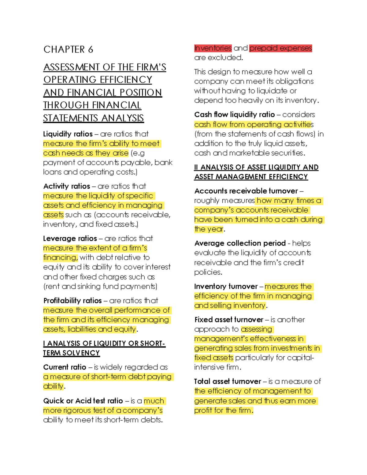 Financial Statement analysis - CHAPTER 6 ASSESSMENT OF THE FIRM’S ...