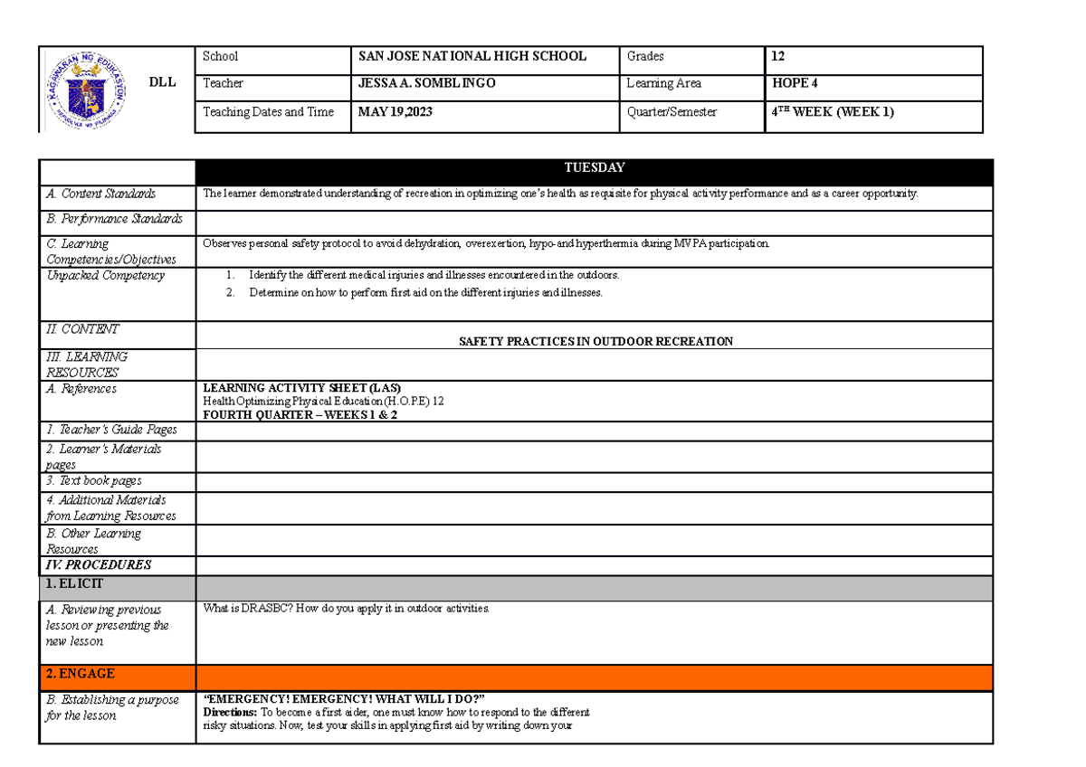 PE WEEK 3 - handouts - DLL School SAN JOSE NATIONAL HIGH SCHOOL Grades ...