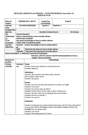 November 11 - none - DETAILED LESSON PLAN GRADE 8 - FOOD PROCESSING ...