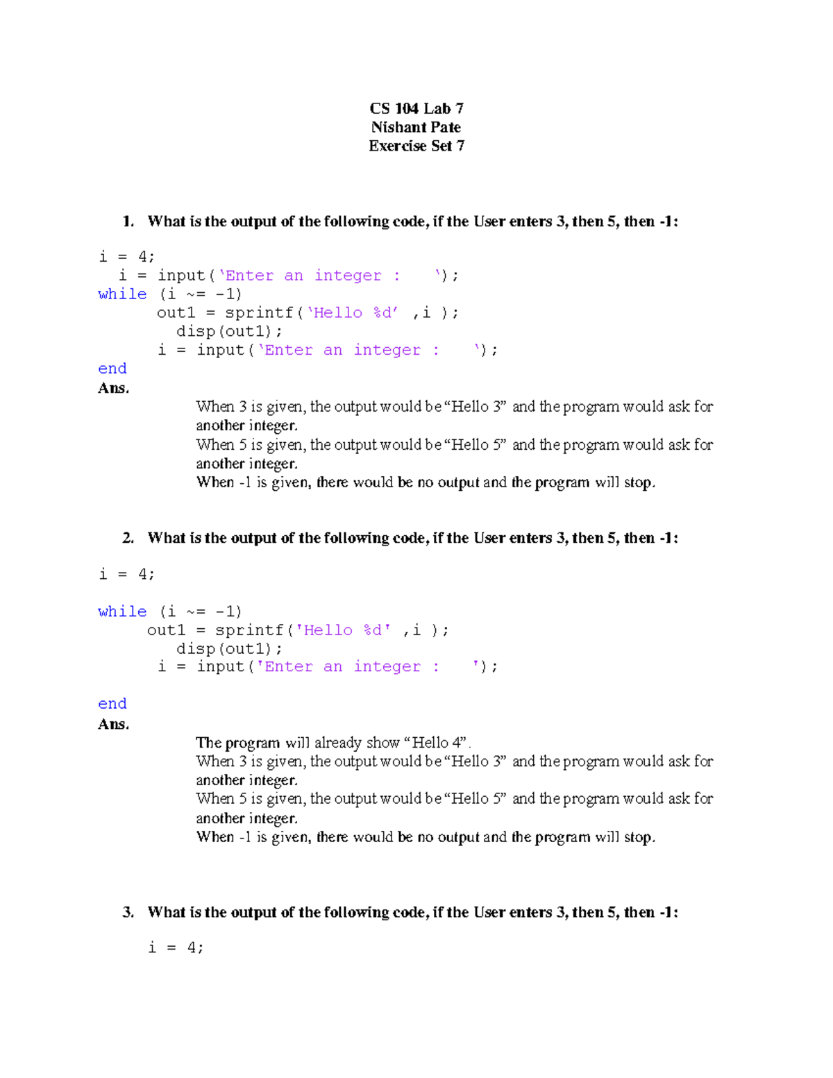 CS 104 Lab 7 Nishant Pate Exercise Set - Studocu
