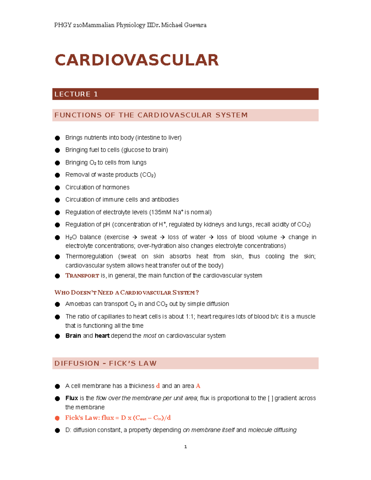Cardiovascular-Summary-II - CARDIOVASCULAR LECTURE 1 FUNCTIONS OF THE ...