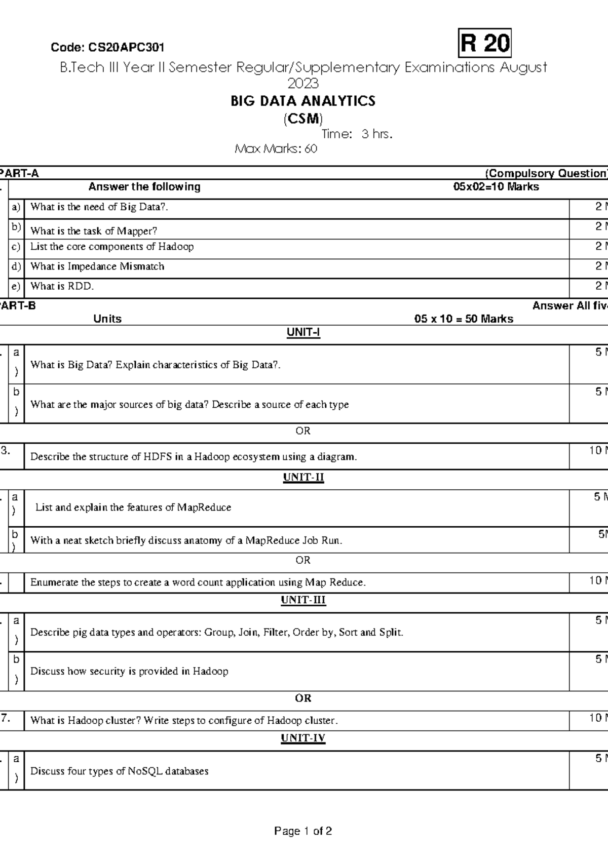 III-II BDA Model Question Paper - Code: CS20APC3 01 R 20 Page 1 of 2 B ...