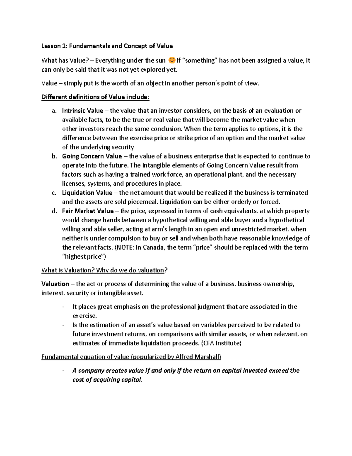 Valcom-d1 - Valuation and methodology - Lesson 1: Fundamentals and Concept of Value What has ...