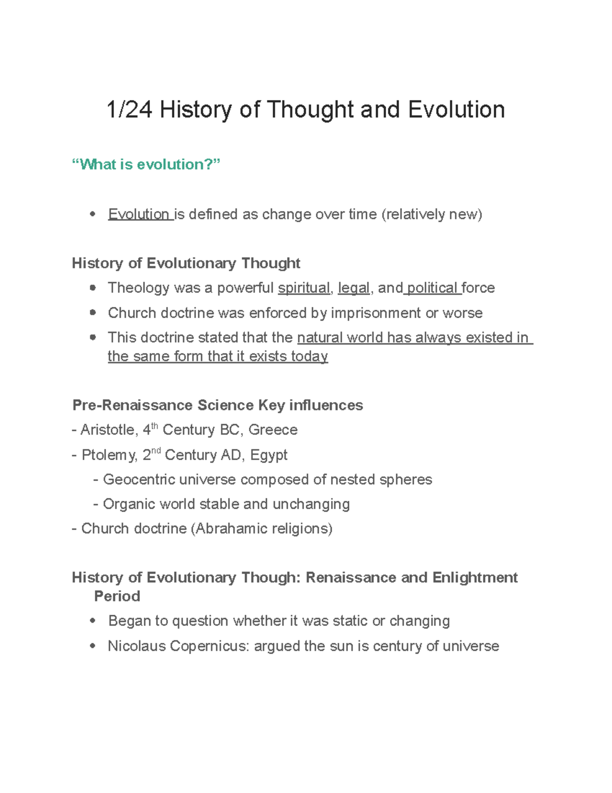 History Evolutionary Thought - 1/24 History of Thought and Evolution ...