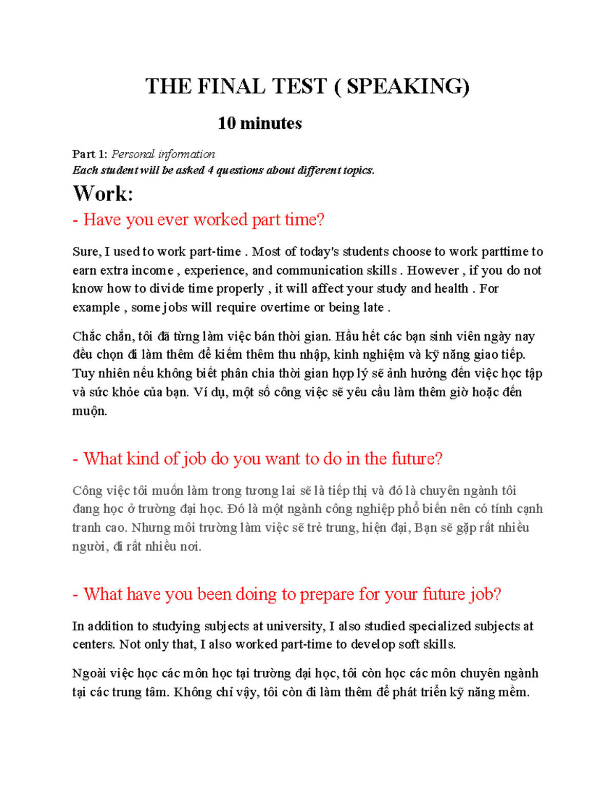 THE Final TEST FORM - asdads - THE FINAL TEST ( SPEAKING) 10 minutes ...