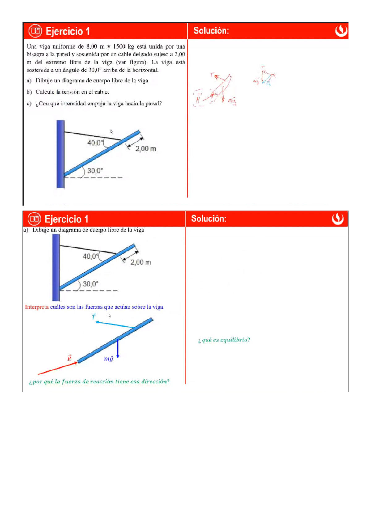 Taller TF - tf sustentacion - Ejercicio 1 Solución: Una viga uniforme de 8,00 m y 1500 kg está ...