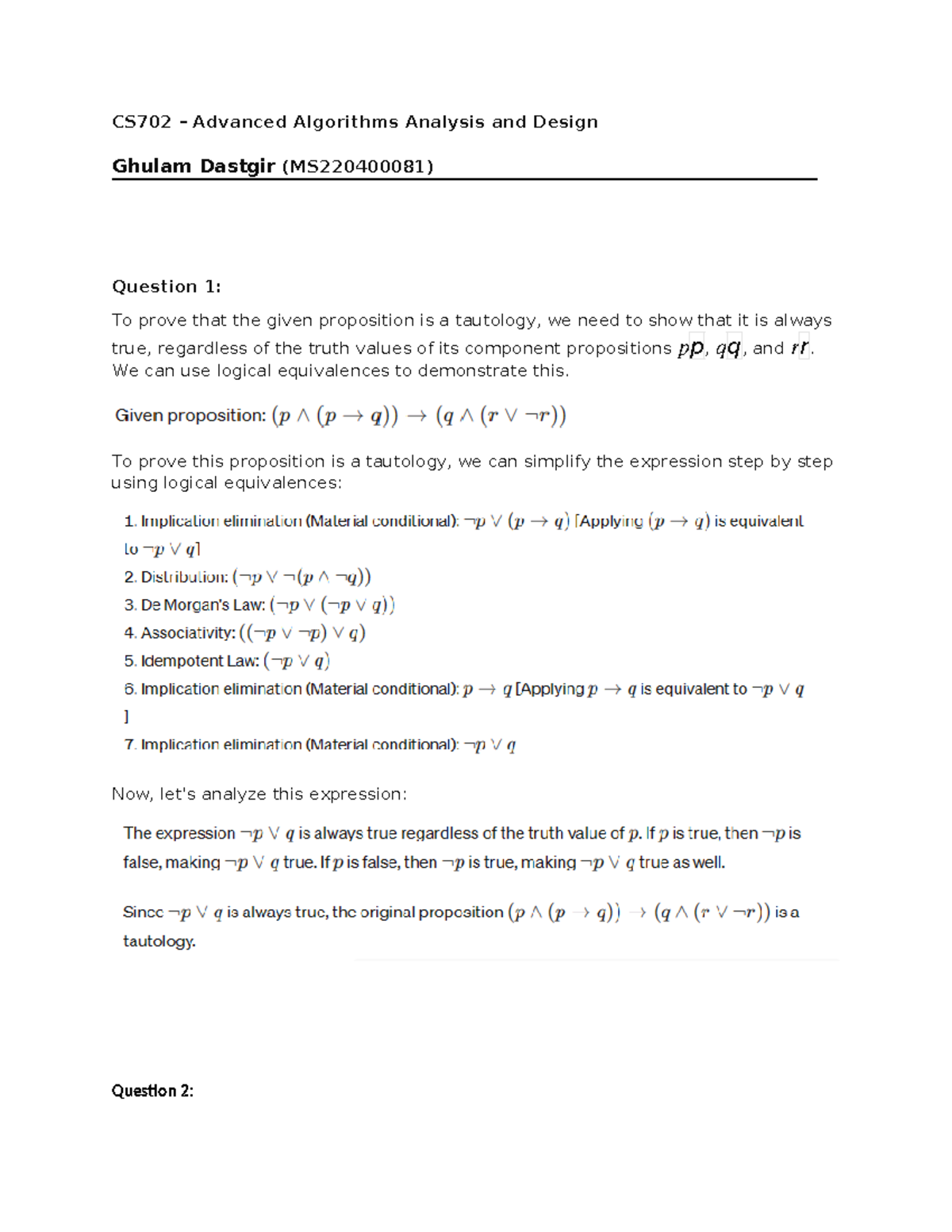 CS702 Assignment 1 - CS702 – Advanced Algorithms Analysis and Design Ghulam Dastgir (MS220400081 ...
