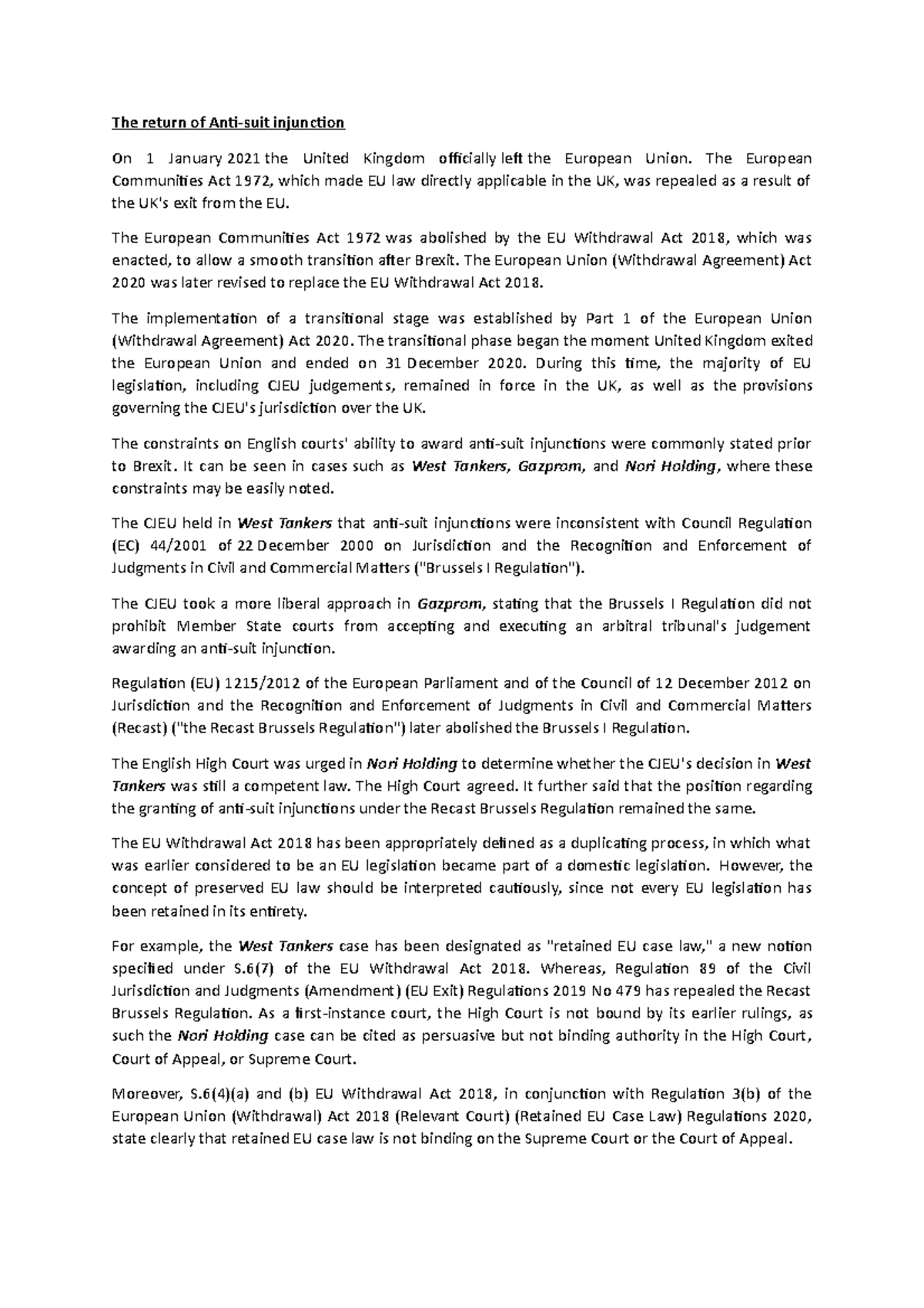 The return of ASI - The return of Anti-suit injunction On 1 January ...