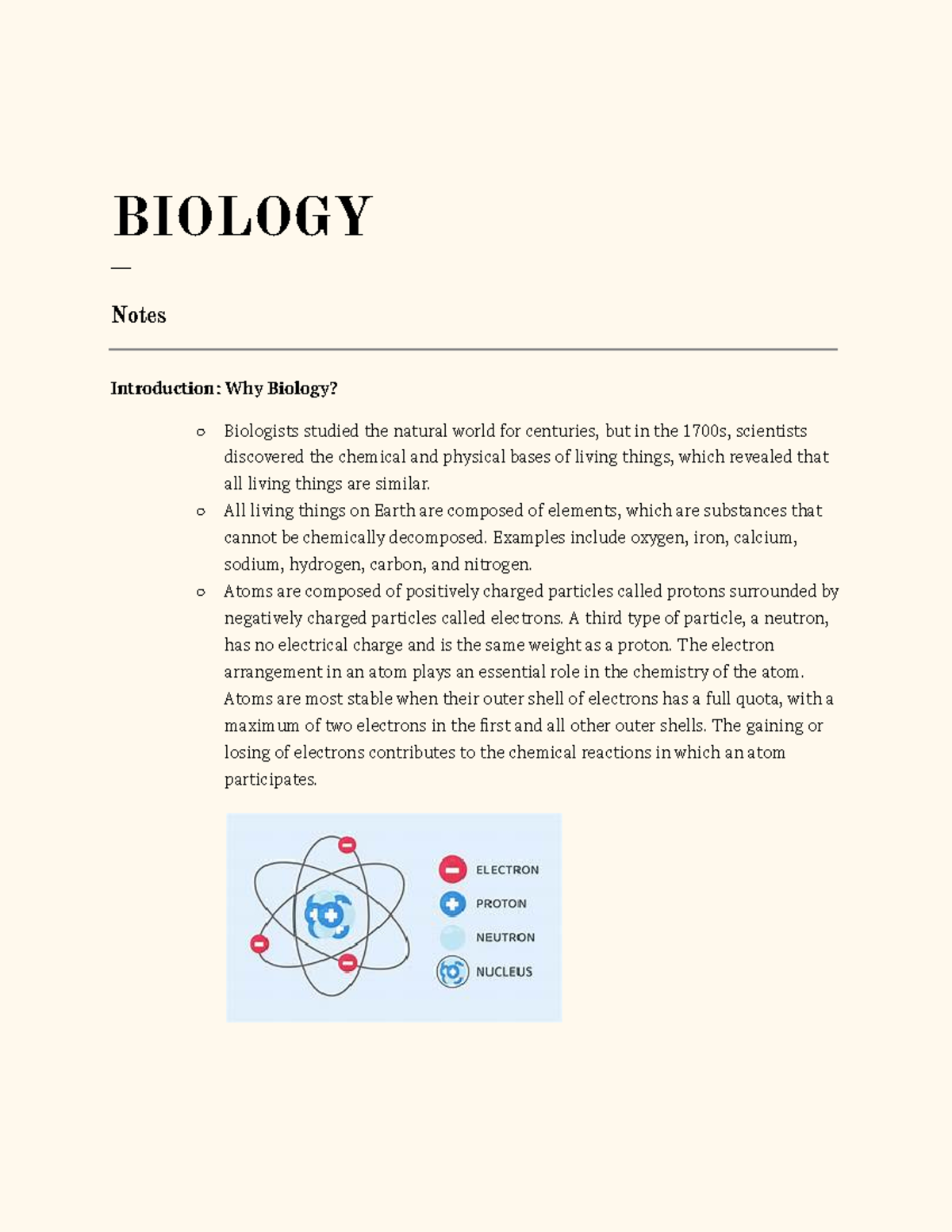 Elements and atoms - BIOLOGY ___ Notes Introduction: Why Biology ...