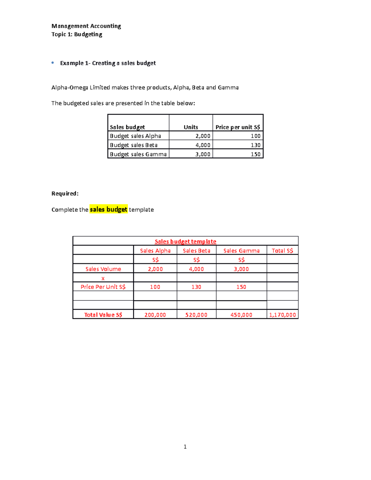Exercises Budgeting- Questions - Topic 1: Budgeting Example 1- Creating ...