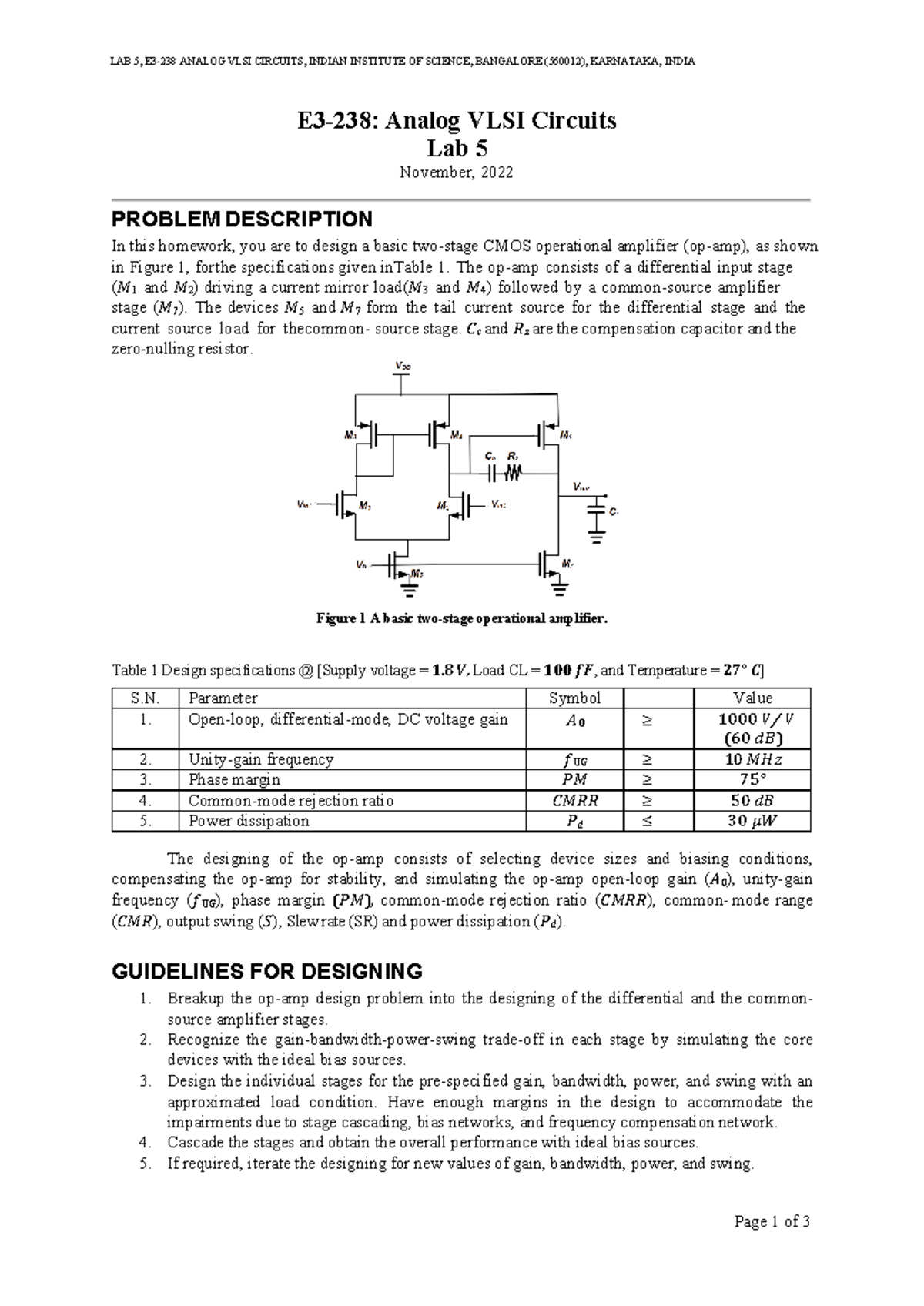 Lab5 Op Amp Design - LAB 5 , E3- 238 ANALOG VLSI CIRCUITS, INDIAN INSTITUTE OF SCIENCE ...