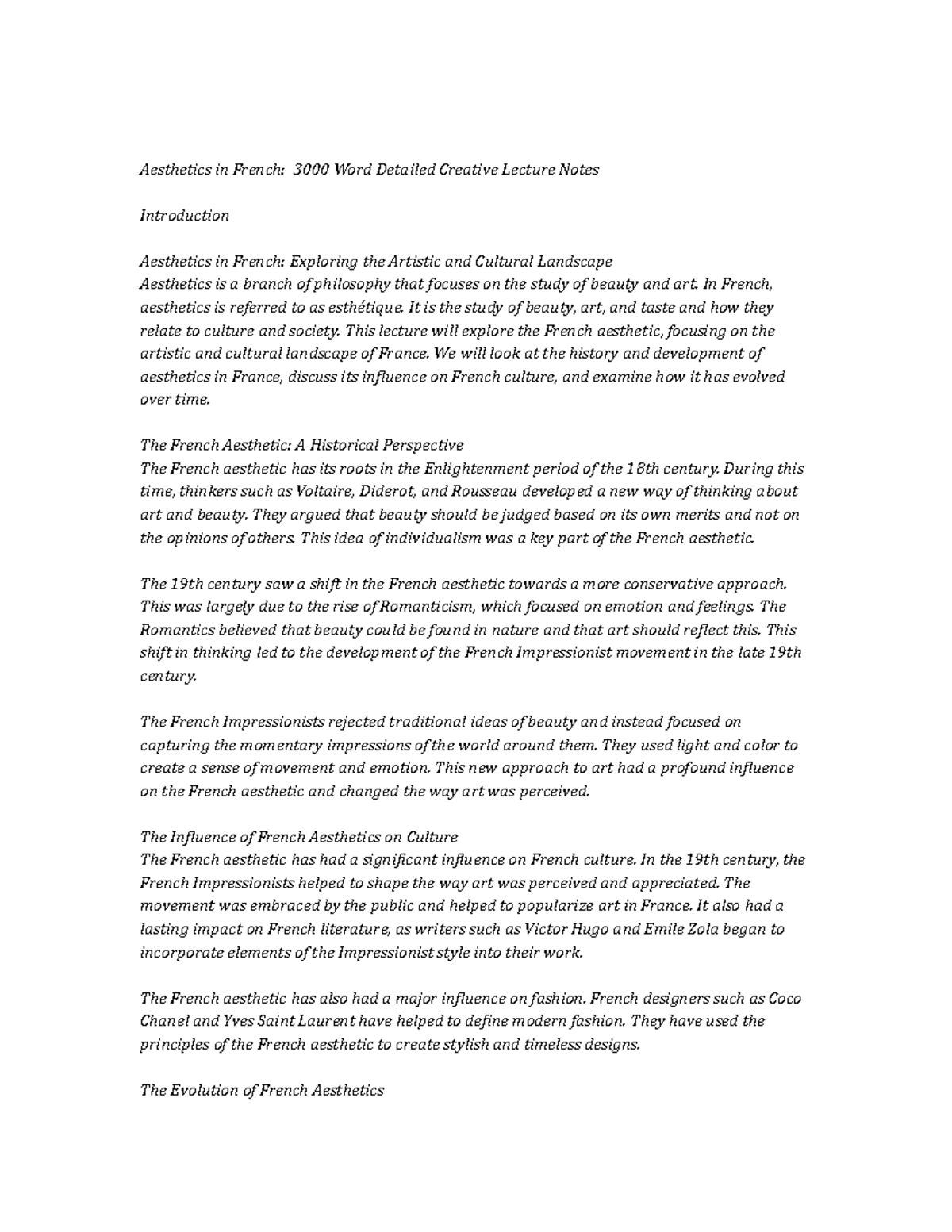 Aesthetics Notes de cours - Aesthetics in French: 3000 Word Detailed ...