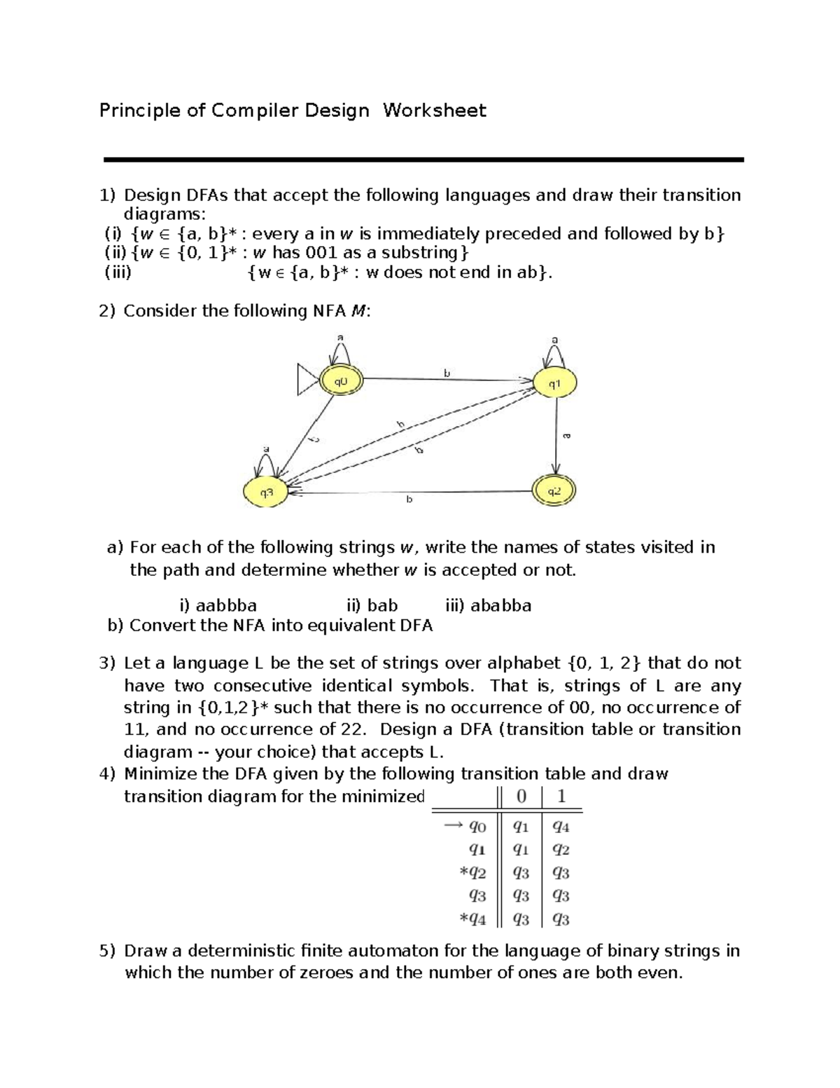 Worksheet - compiler - Principle of Compiler Design Worksheet 1) Design DFAs that accept the ...
