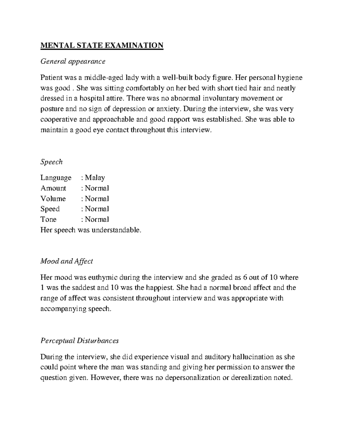 Mental State Examination Script - MENTAL STATE EXAMINATION General ...