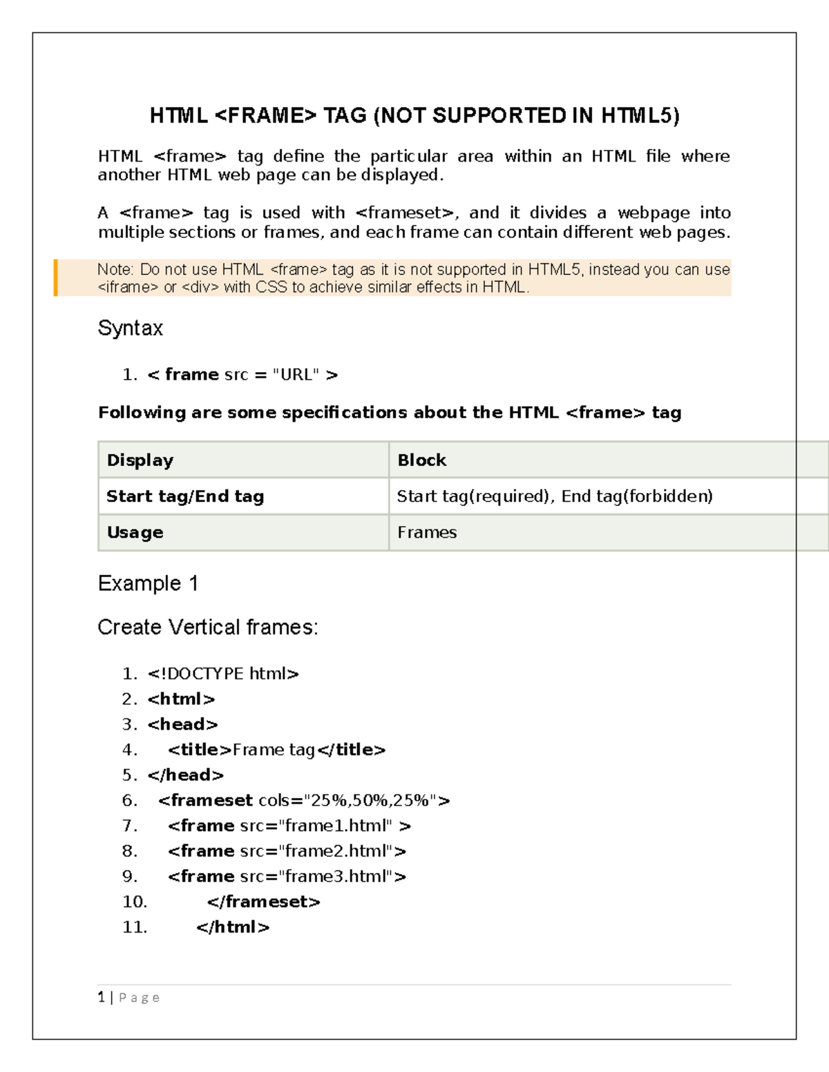 HTML Frames - HTML TAG (NOT SUPPORTED IN HTML5) HTML tag define the - Studocu