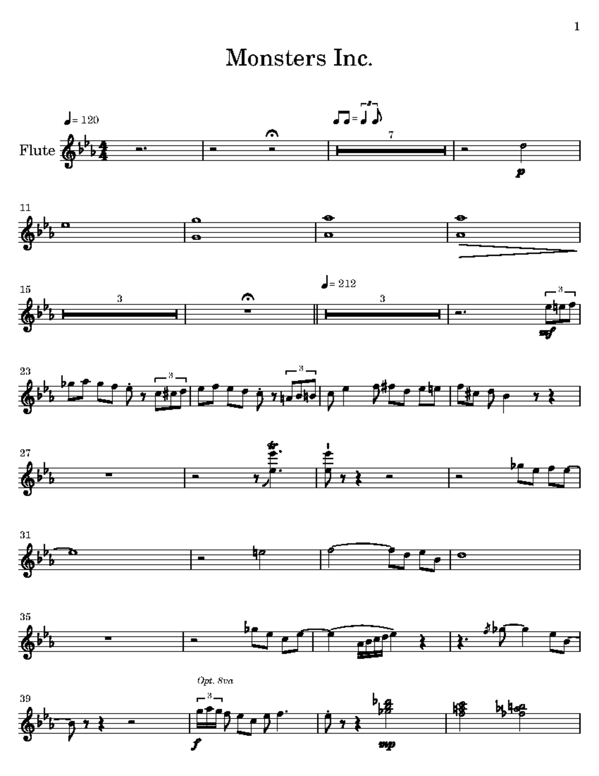 Monsters Inc - MUSIC 323R - Flute = 120 7 = 11 15 3 3 = 212 3 23 3 3 27 ...