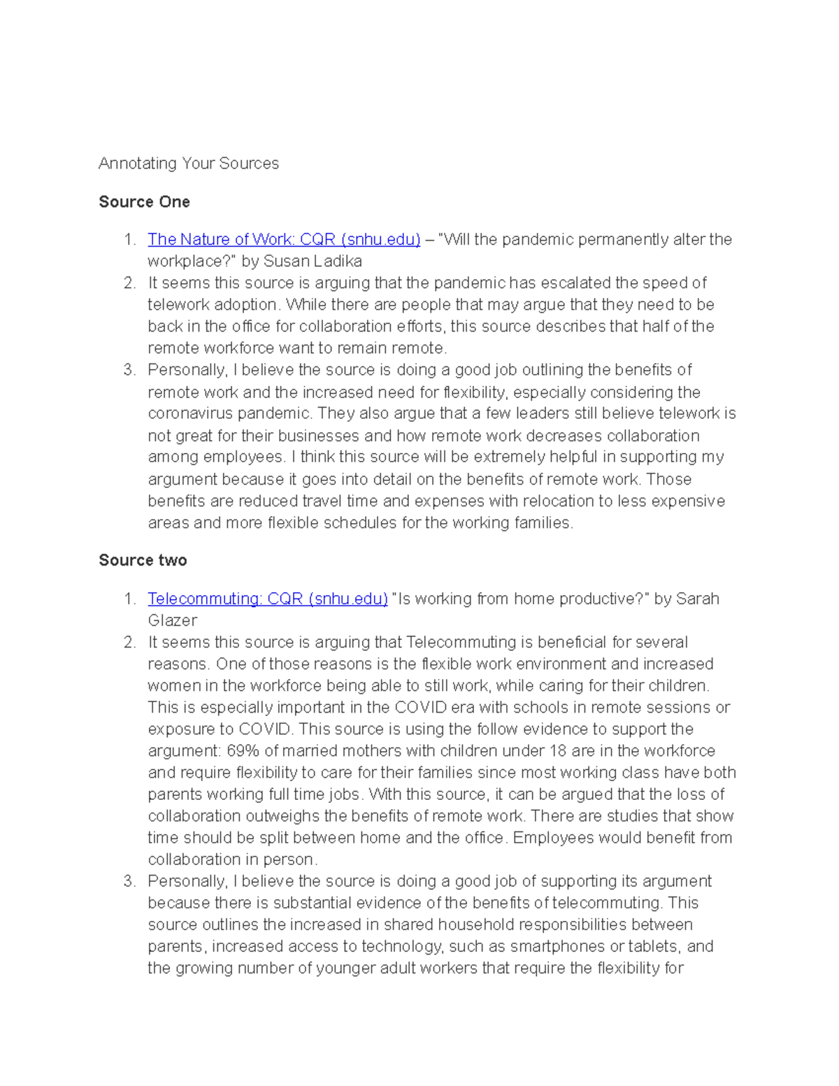 ENG123 Mod 4 Peer Review - Annotating Your Sources Source One The Nature of Work: CQR (snhu ...