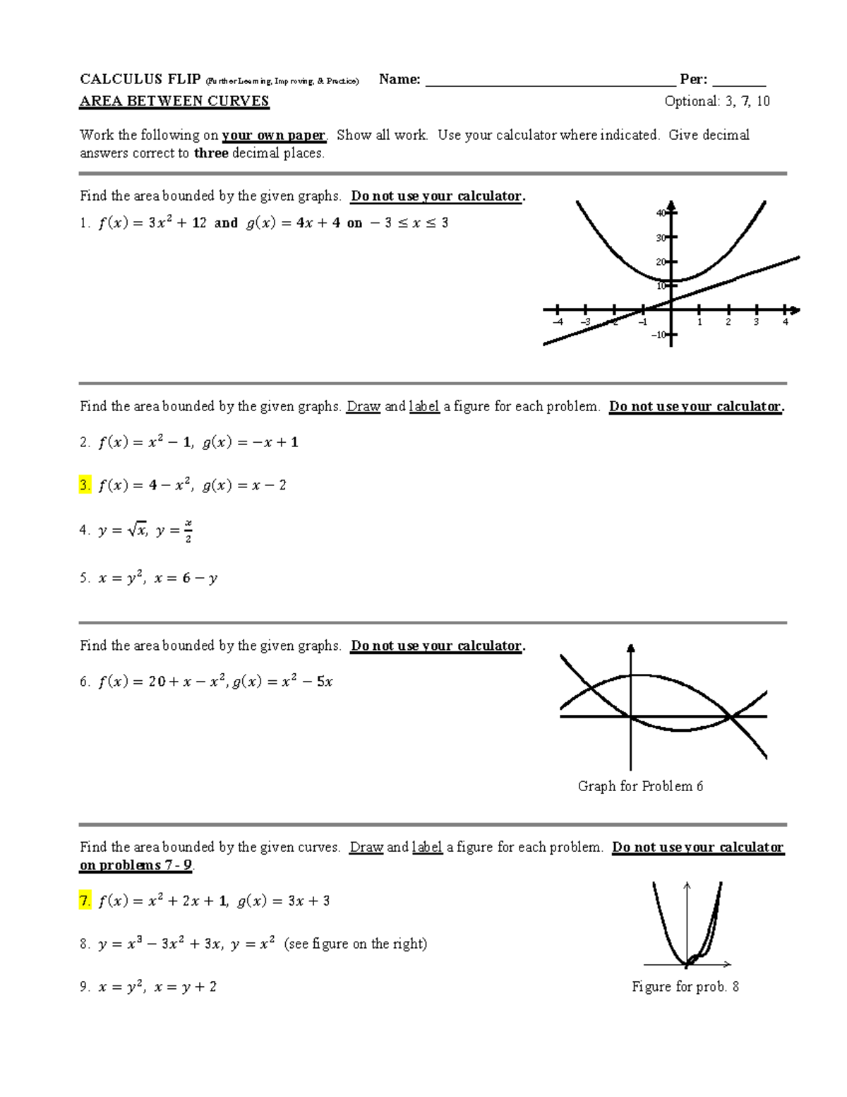 CALC Area Between Curves FLIP (Answers) - CALCULUS FLIP (Further ...