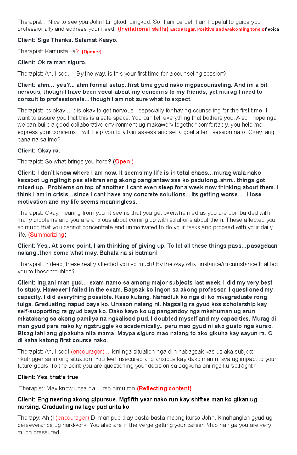 Script - zzzzz - Therapist : Nice to see you John! Lingkod. Lingkod. So ...