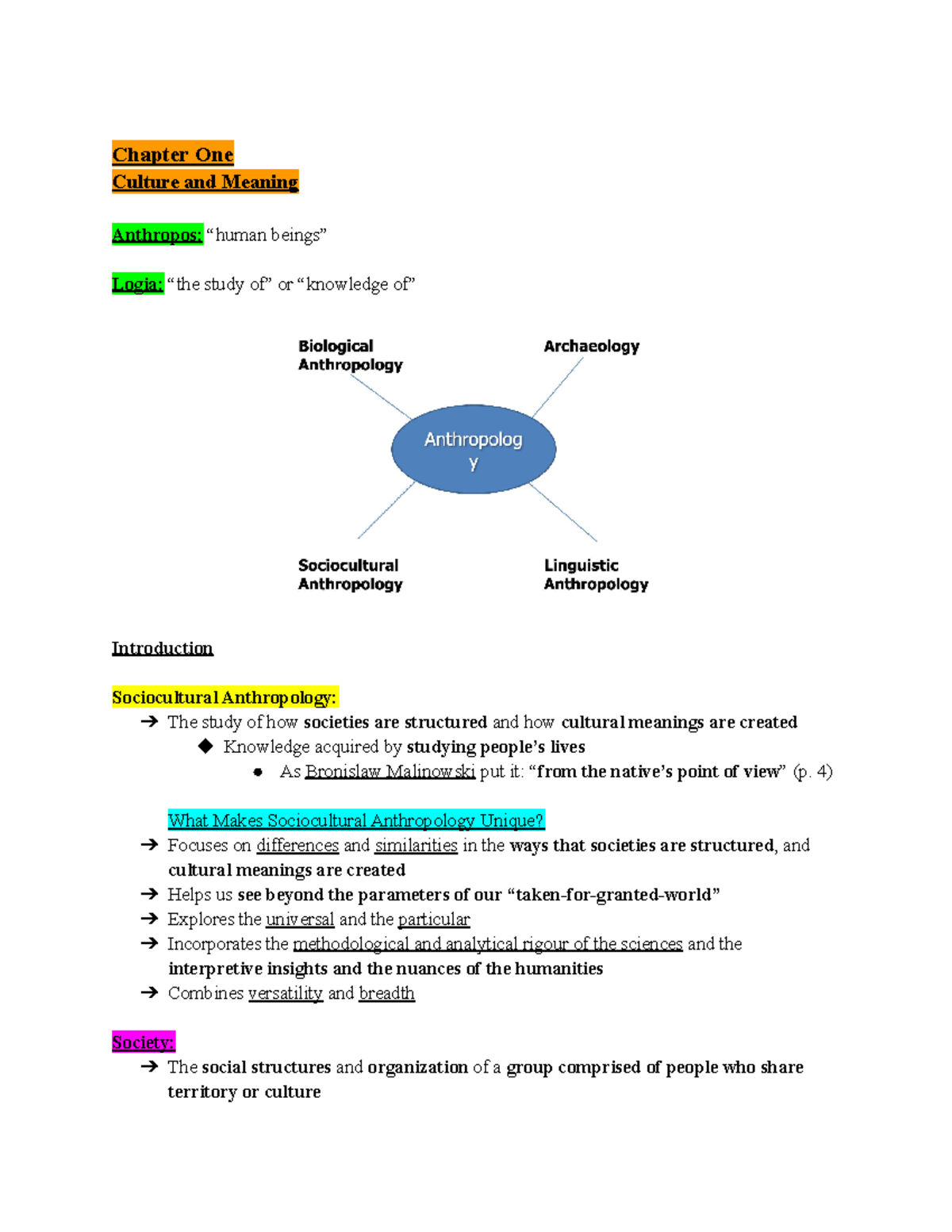ANTH 1150 Notes- Midterm - Chapter One Culture and Meaning Anthropos ...
