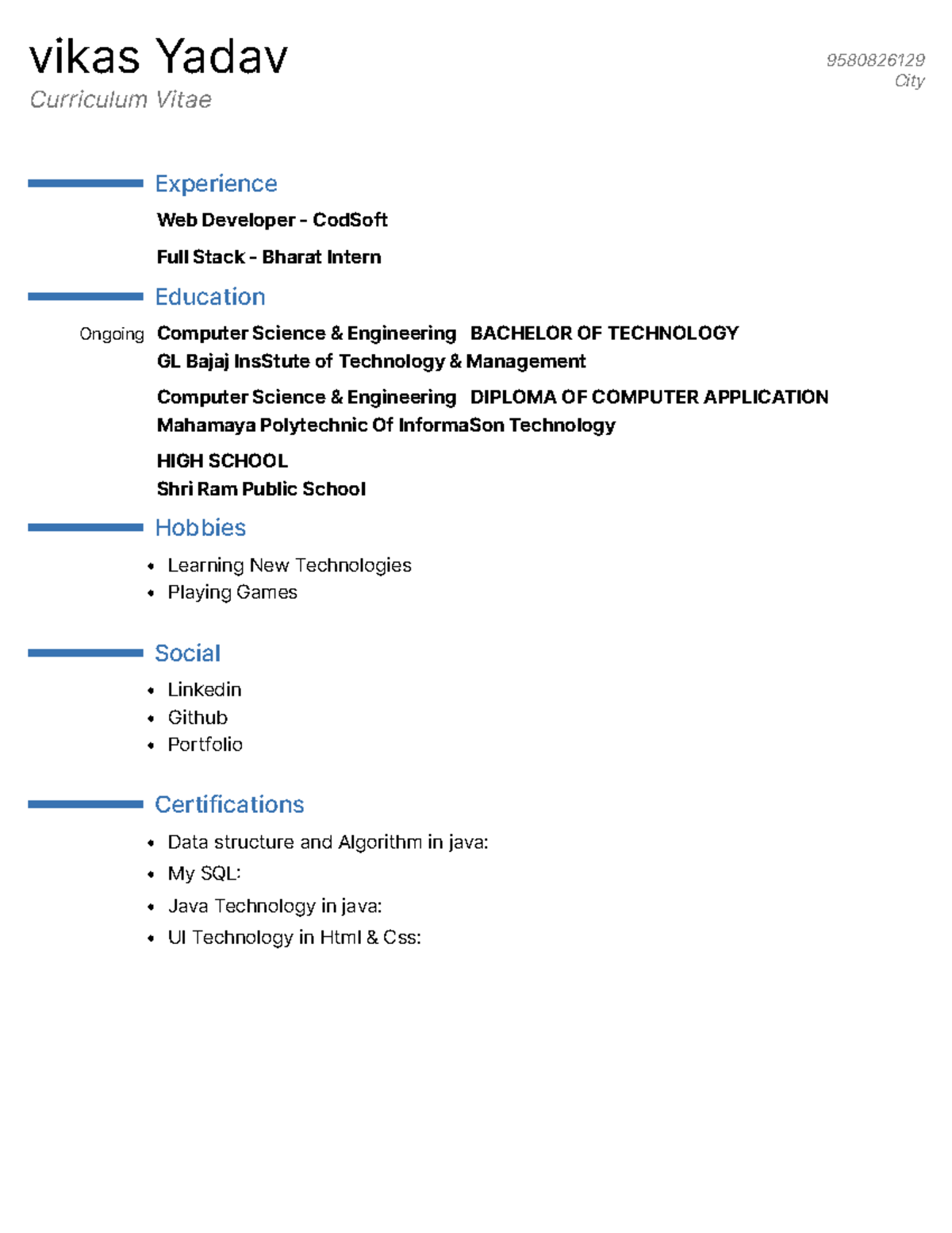 Resume - NfzixuodoyzrUr - vikas Yadav Curriculum Vitae 9580826129 City Experience Web Developer ...