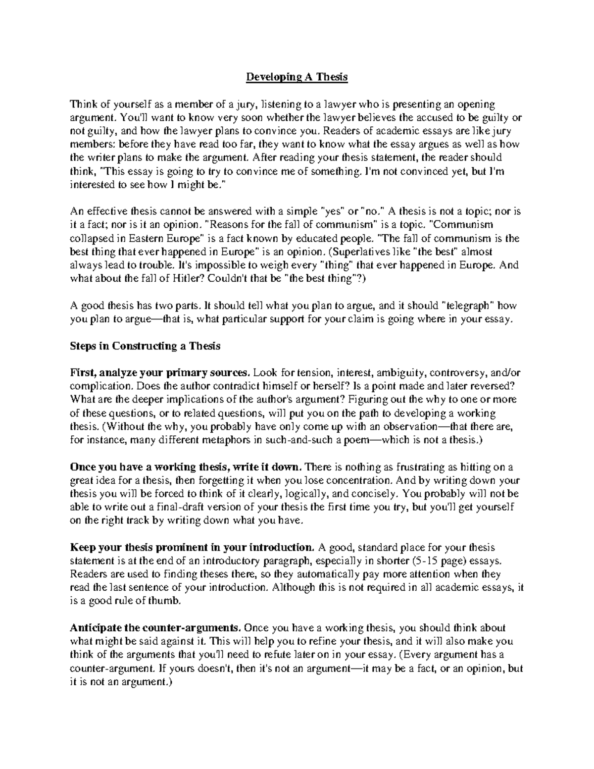 2. Developing A Thesis - Developing A Thesis Think of yourself as a ...