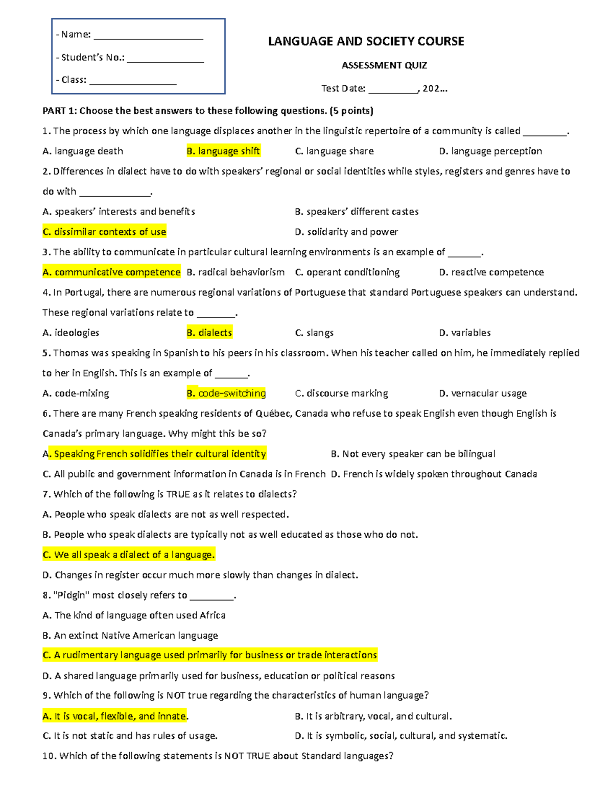 QUIZ for Assessment st - Trắc nghiệm tham khảo - LANGUAGE AND SOCIETY ...
