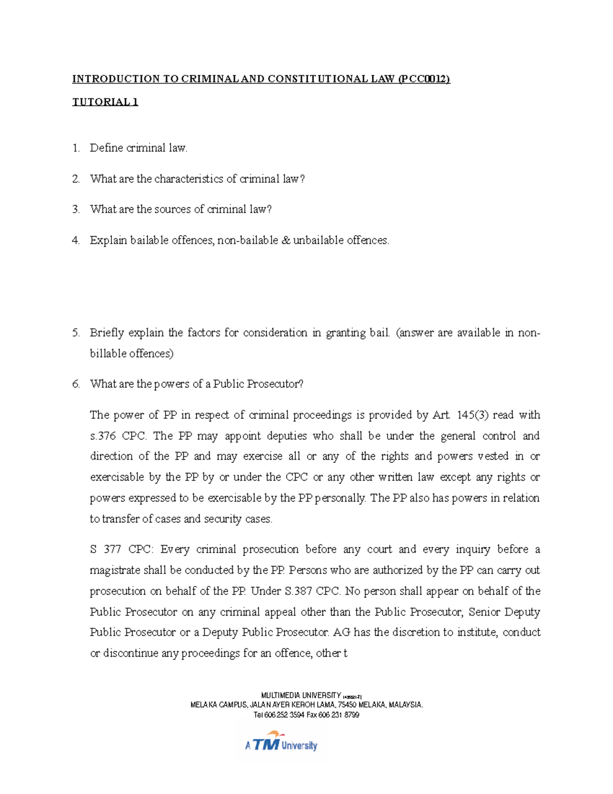 Tutorial 1 Question About Chapter 1 Introduction To Criminal And Constitutional Law Pcc0012 