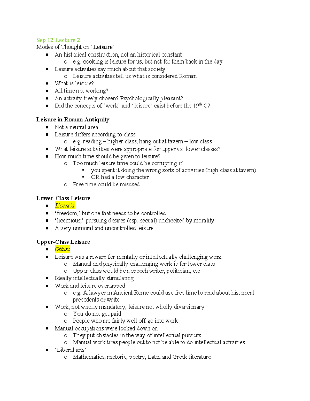 Classics 2300 Roman Lecture 2 - Sep 12 Lecture 2 Modes of Thought on 8 Leisure 9 - An historical ...
