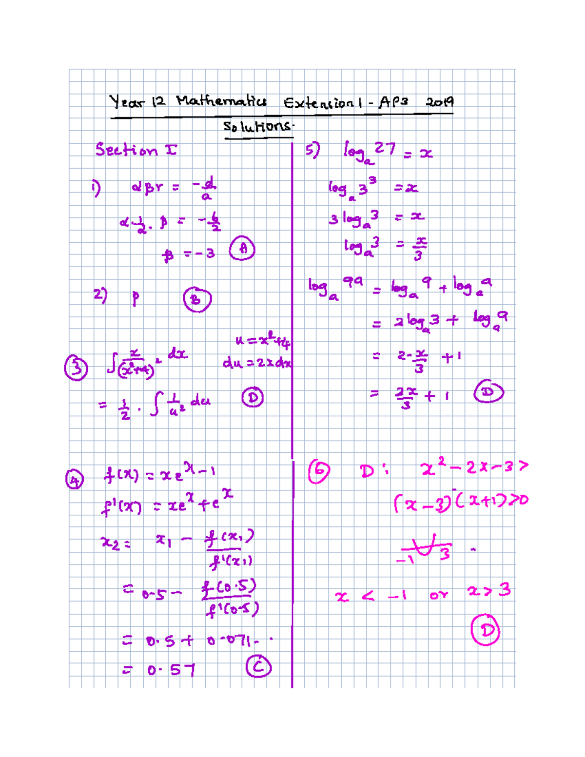 Year 12 AP3 Mathematics Extension 1 2019 Solutions - Studocu
