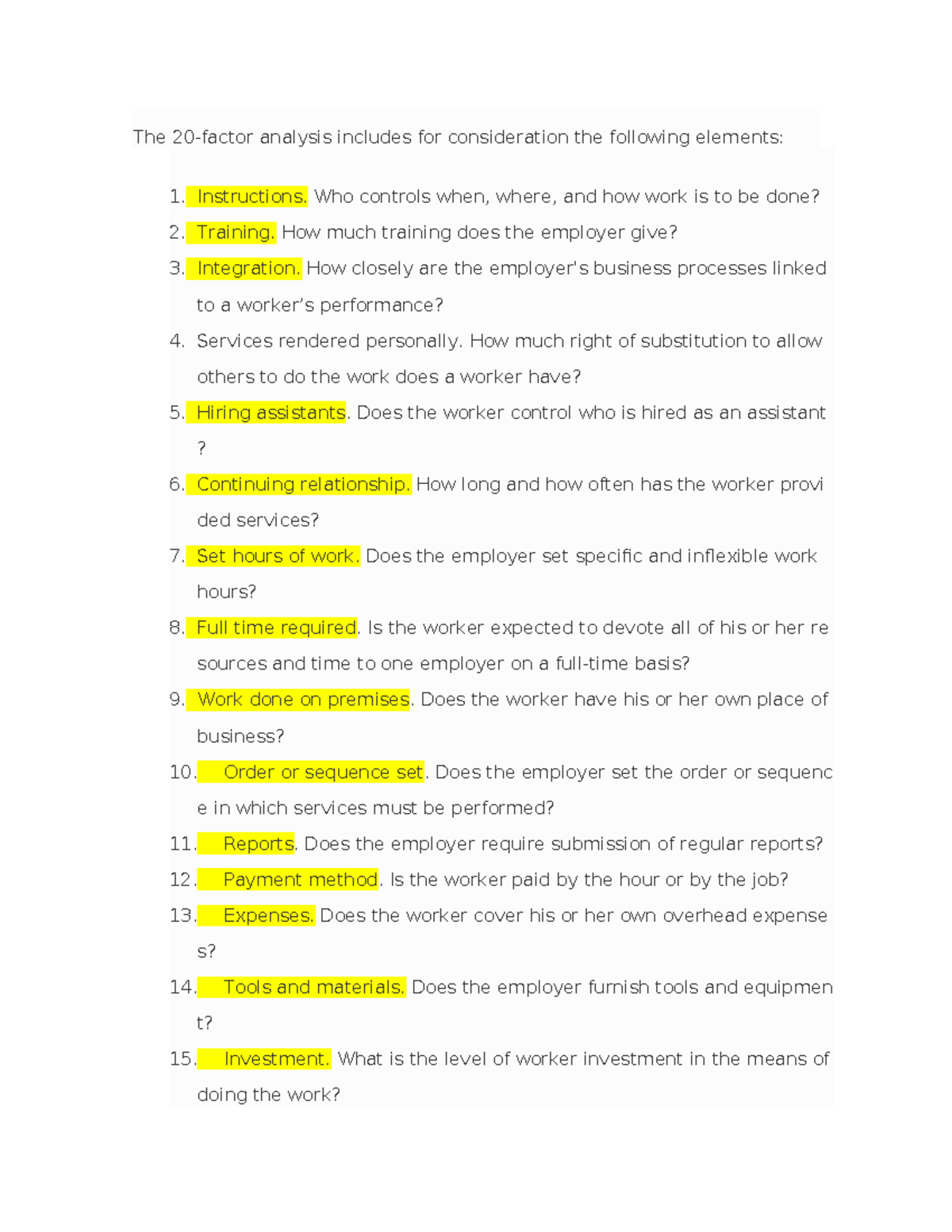 IRS 20 factors - Summary Workforce Planning - The 20-factor analysis ...