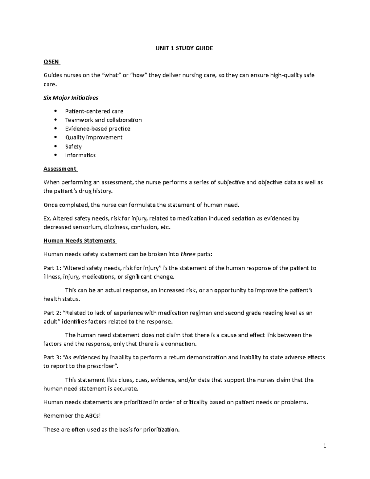 UNIT 1 Study Guide - UNIT 1 STUDY GUIDE QSEN Guides nurses on the “what ...