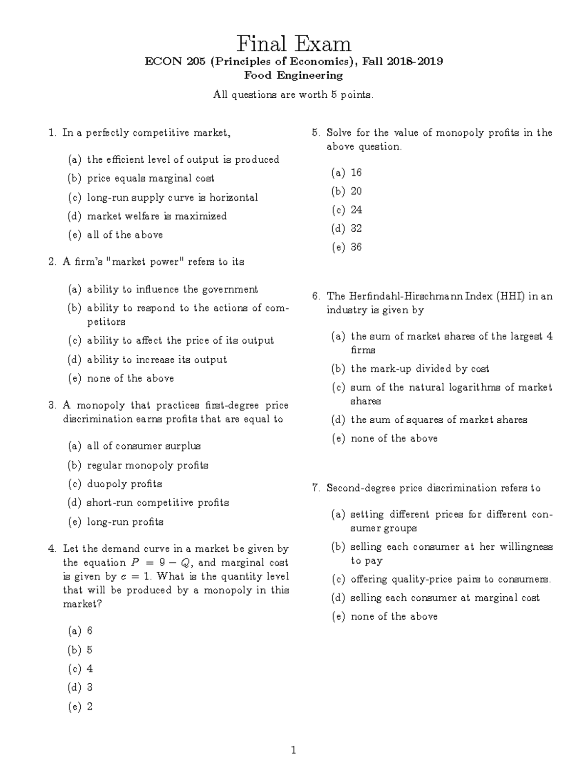 205 Sample Final (FE 2018 ) - Final Exam ECON 205 (Principles of ...