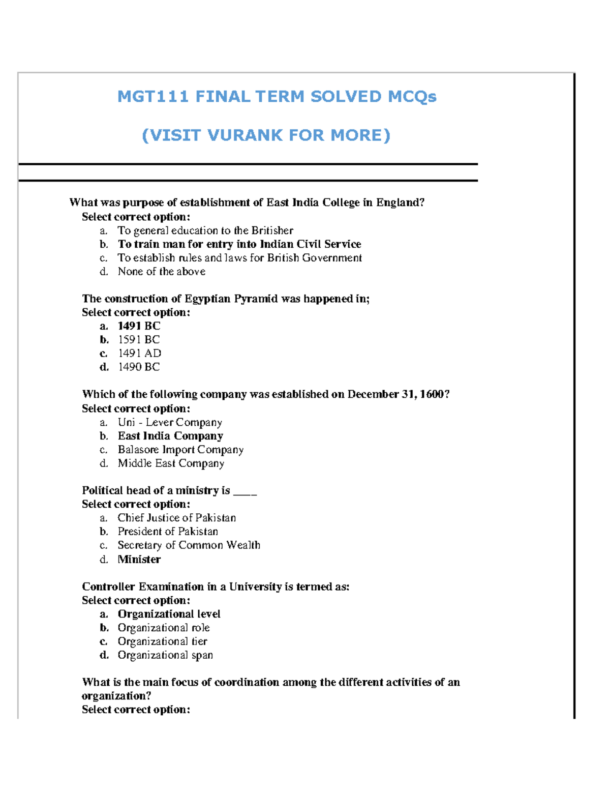 MGT111 Final term - MGT111 FINAL TERM SOLVED MCQs (VISIT VURANK FOR MORE) What was purpose of ...