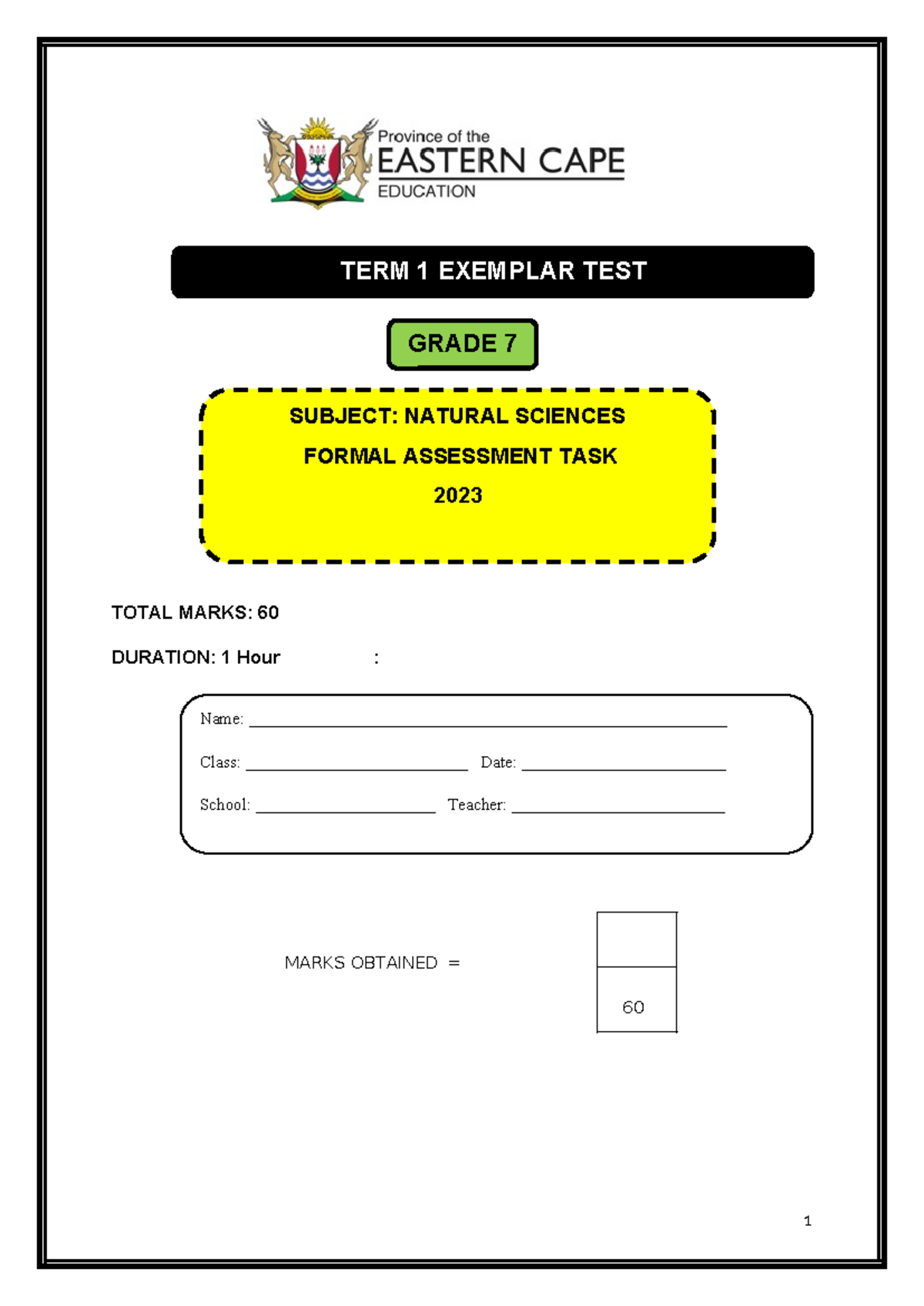 2022 Natural Sciences Grade 7 TERM 1 TEST Province - TOTAL MARKS: 60 ...
