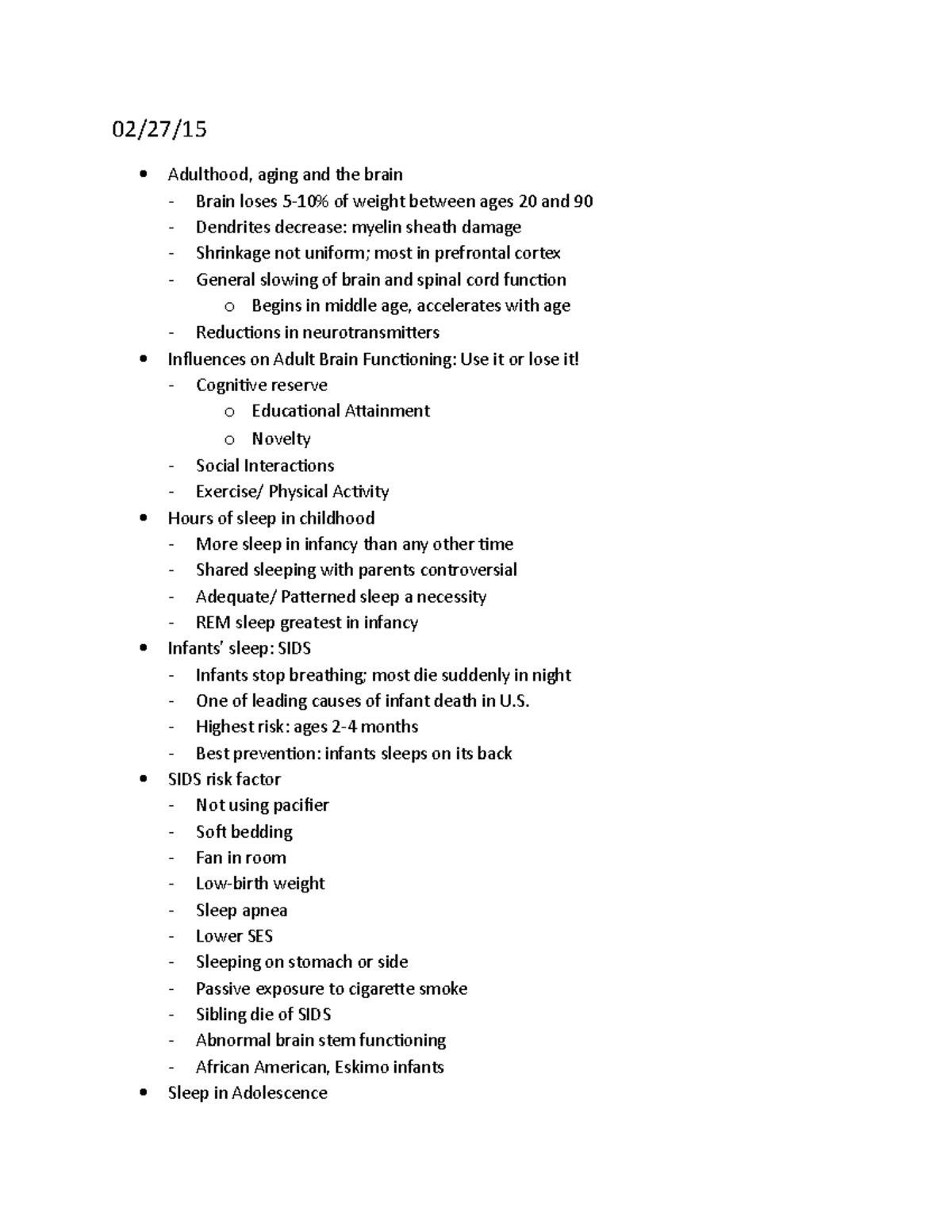 Unit 3 - Lecture notes 14-22 - 02/27/15 Adulthood, aging and the brain ...