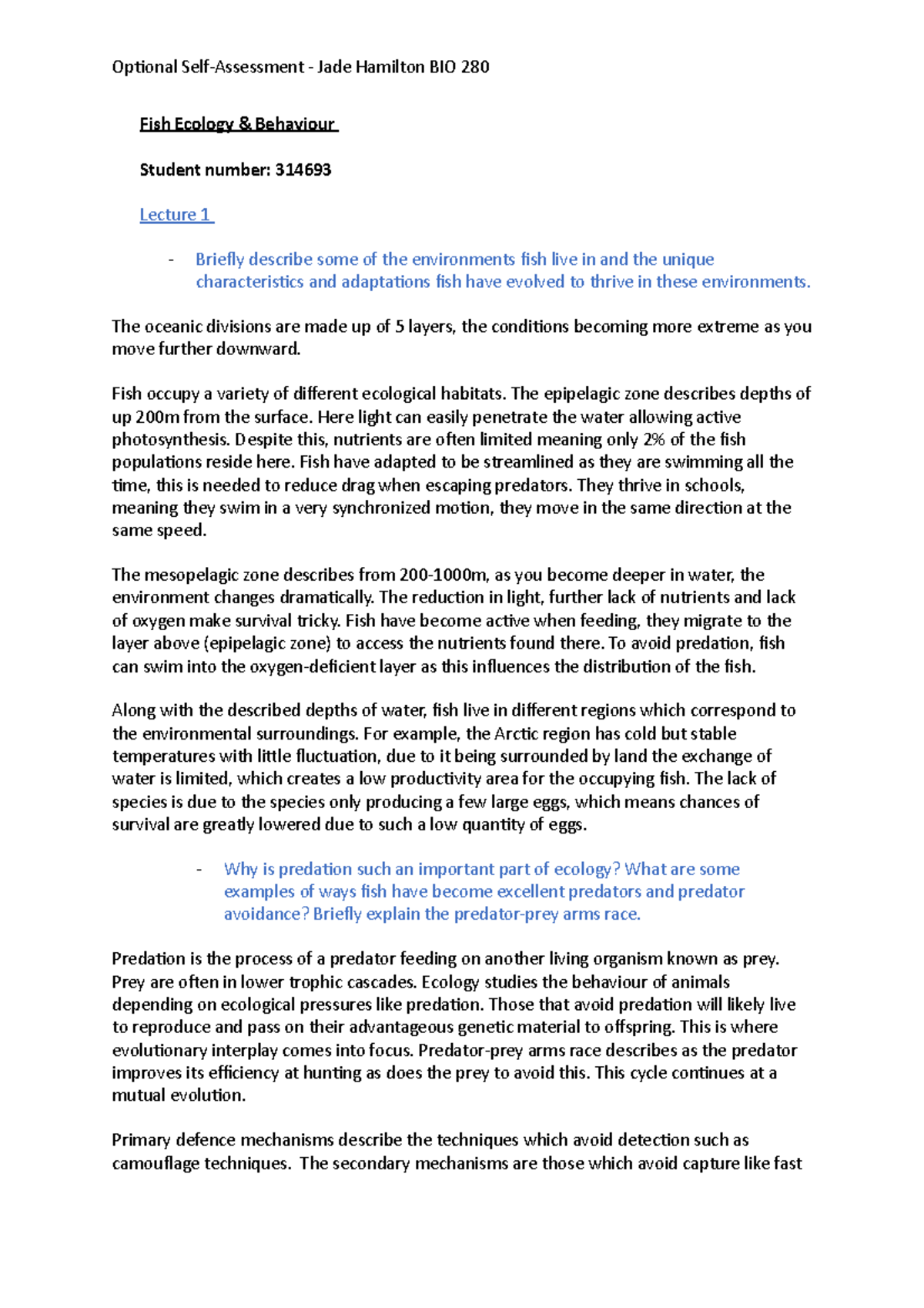 Optional SE - BIO 280 - Self assessment for fish behaviour section of ...