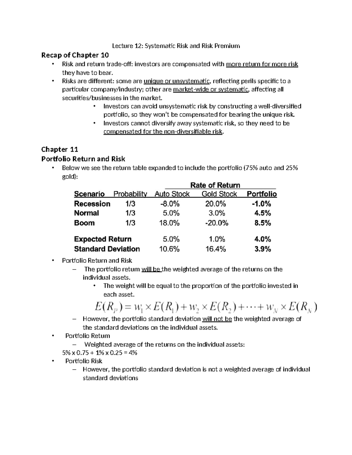 Lecture 12 - Lecture 12: Systematic Risk and Risk Premium Recap of Chapter 10 Risk and return ...