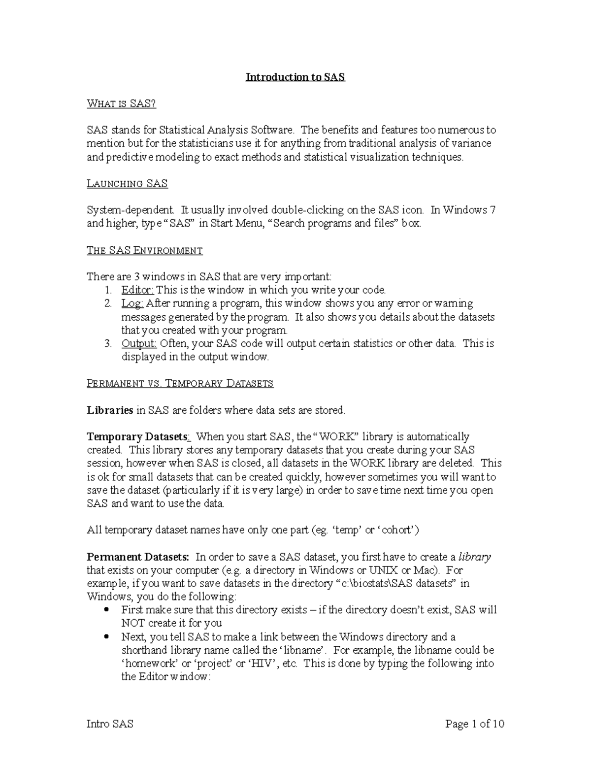 Intro Sas Summary Biostatistics I Introduction To Sas W Hat Is Sas