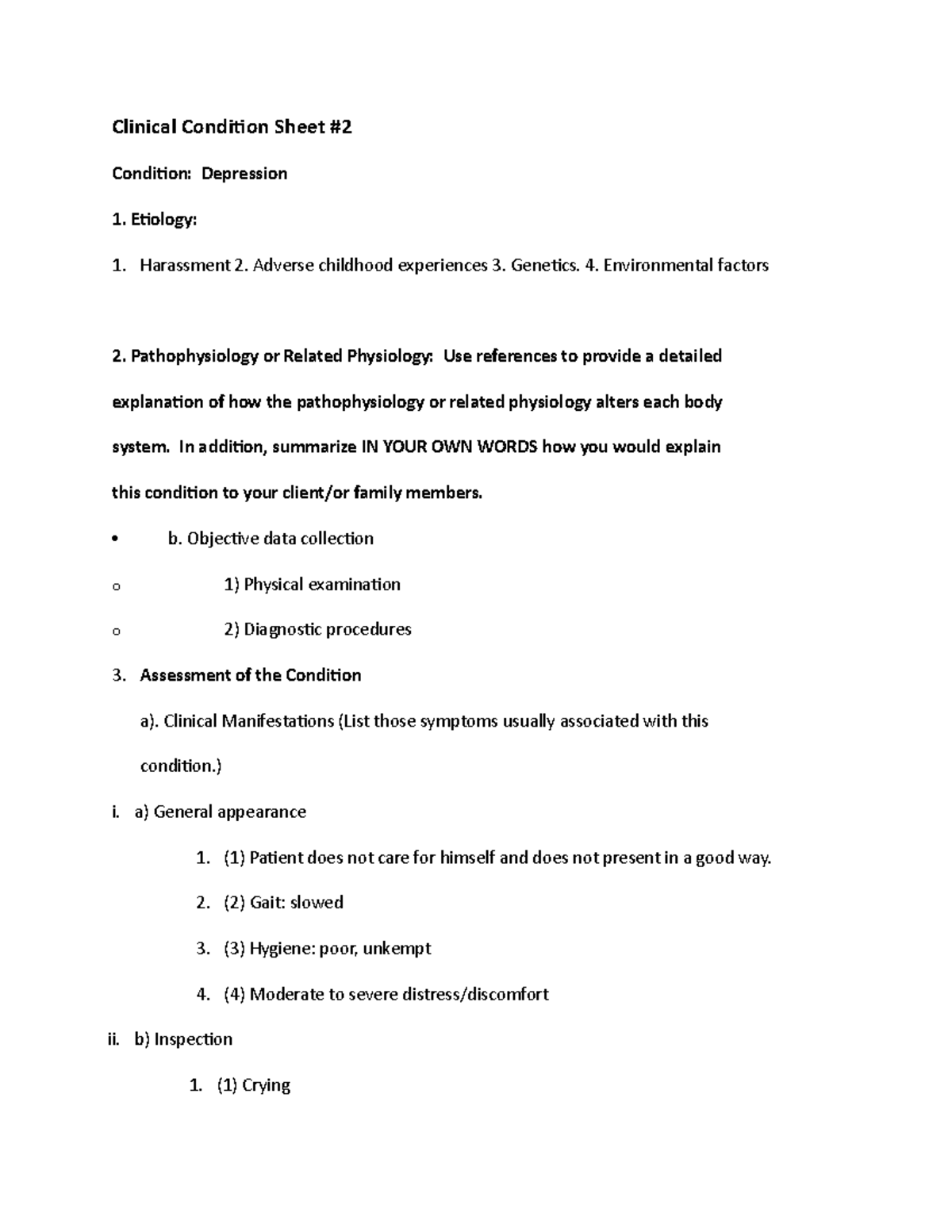Clinical Condition Sheet Week 6 - Clinical Condition Sheet Condition ...