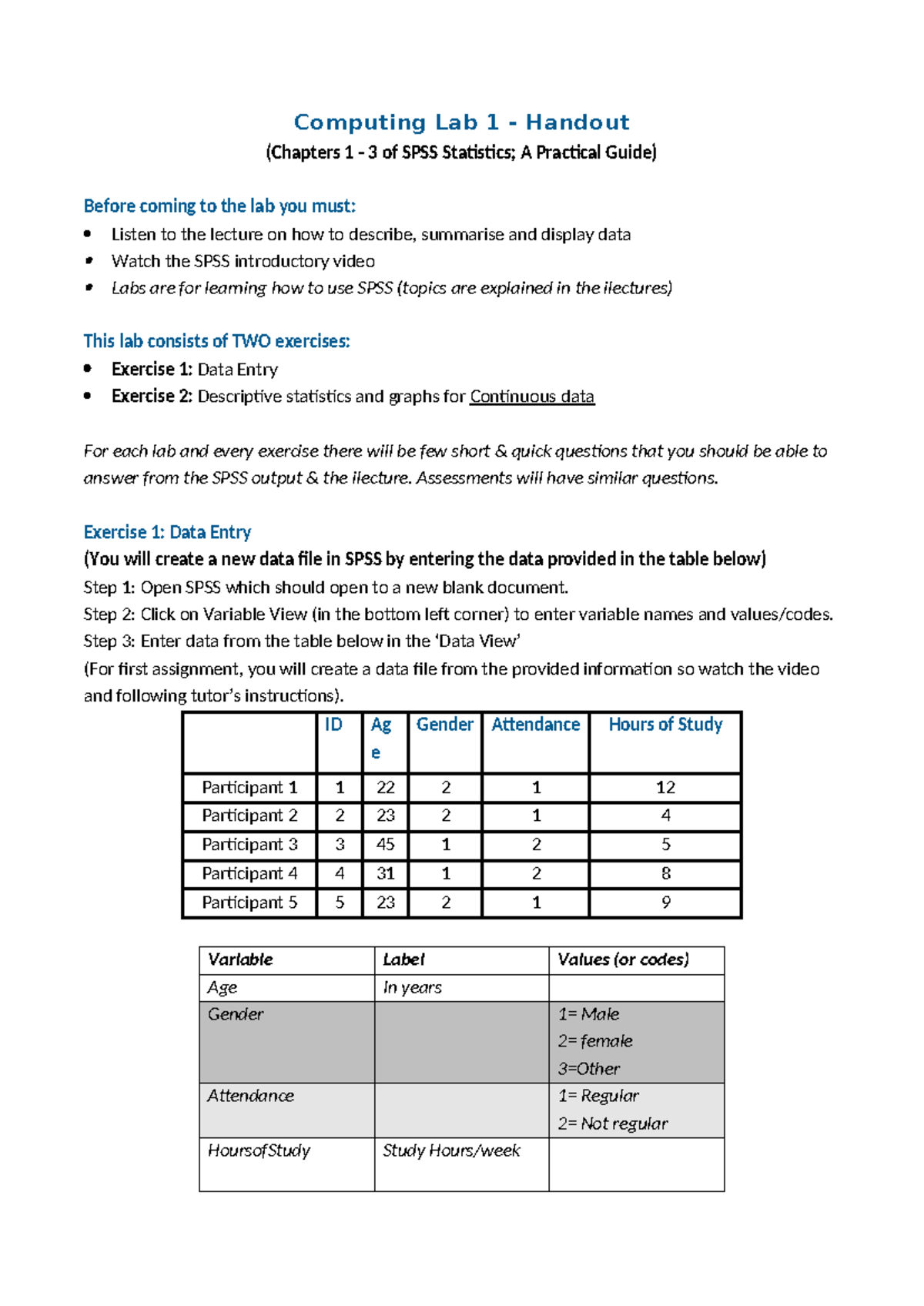 Computing Lab 1 Handout - Computing Lab 1 - Handout (Chapters 1 - 3 of SPSS Statistics; A ...