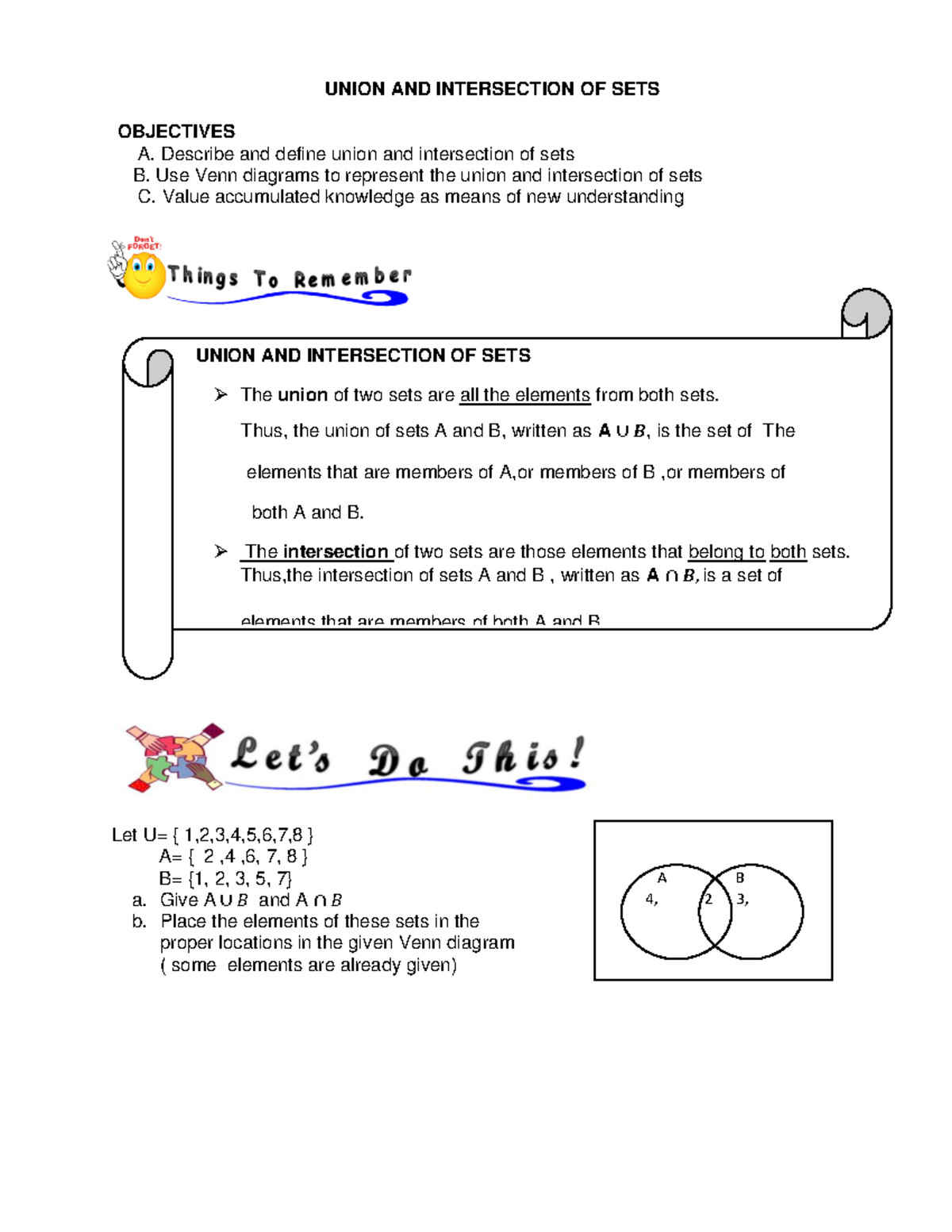 Q1-LAA-2 - Worksheet in Grade 7 Math Quarter 1 - UNION AND INTERSECTION ...