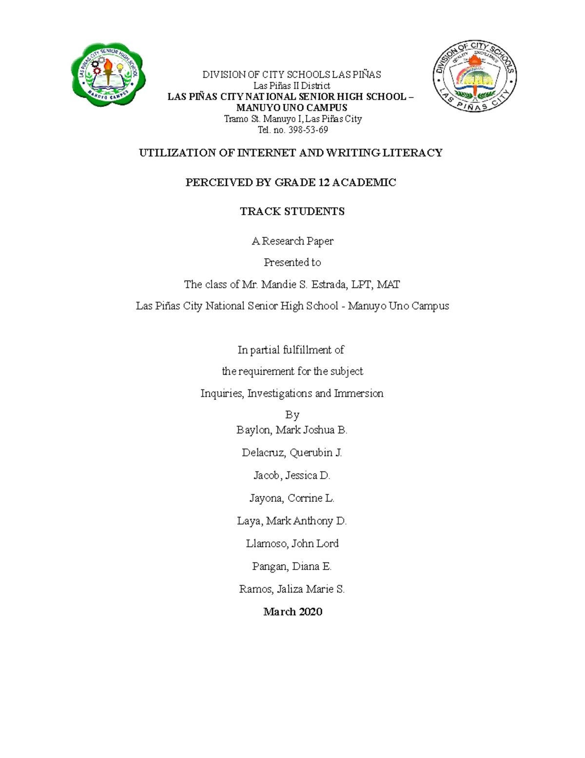 III Research Paper Final - DIVISION OF CITY SCHOOLS LAS PIÑASLas Piñas ...