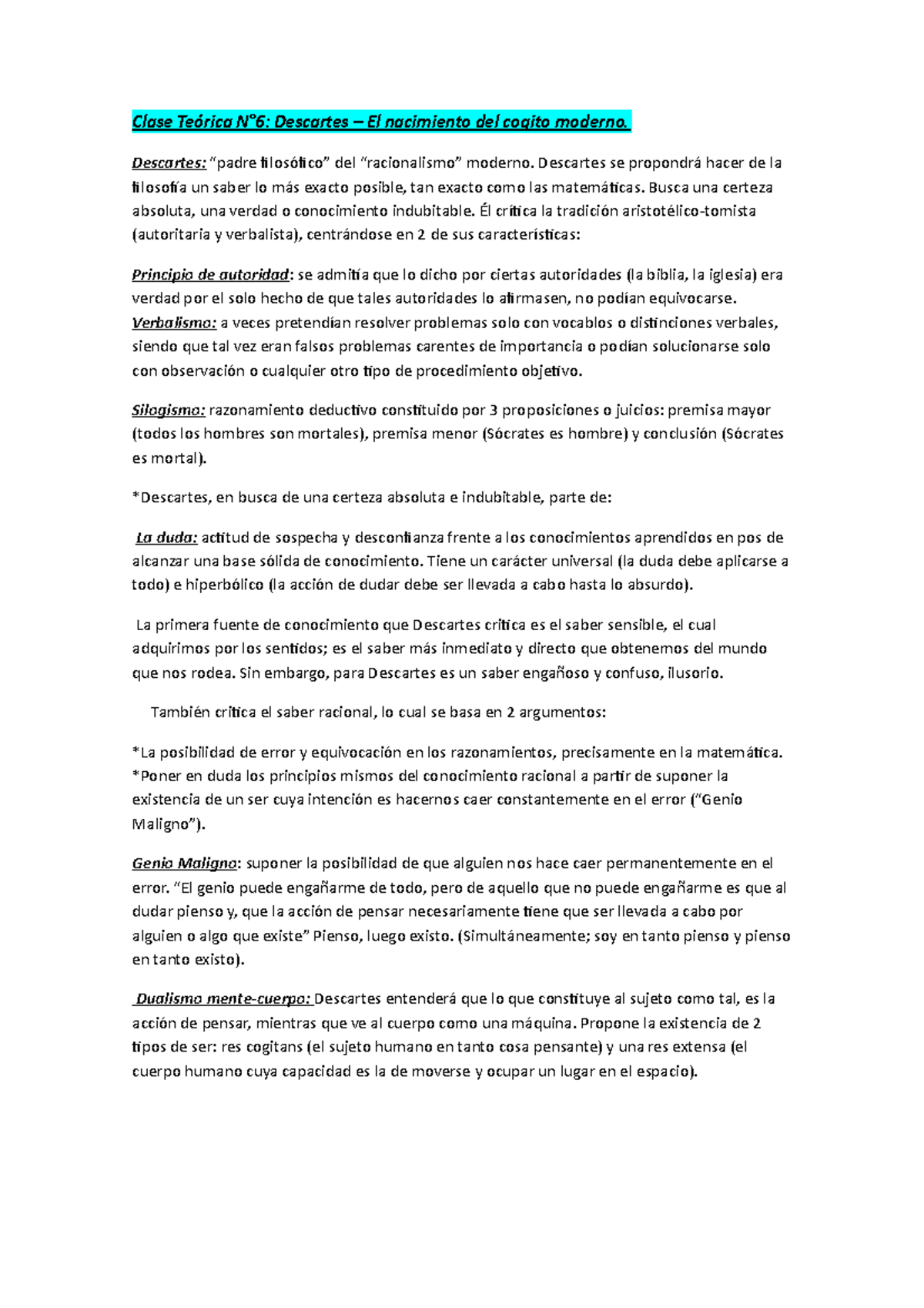 Filosofia resumen - Clase Teórica N°6: Descartes – El nacimiento del ...
