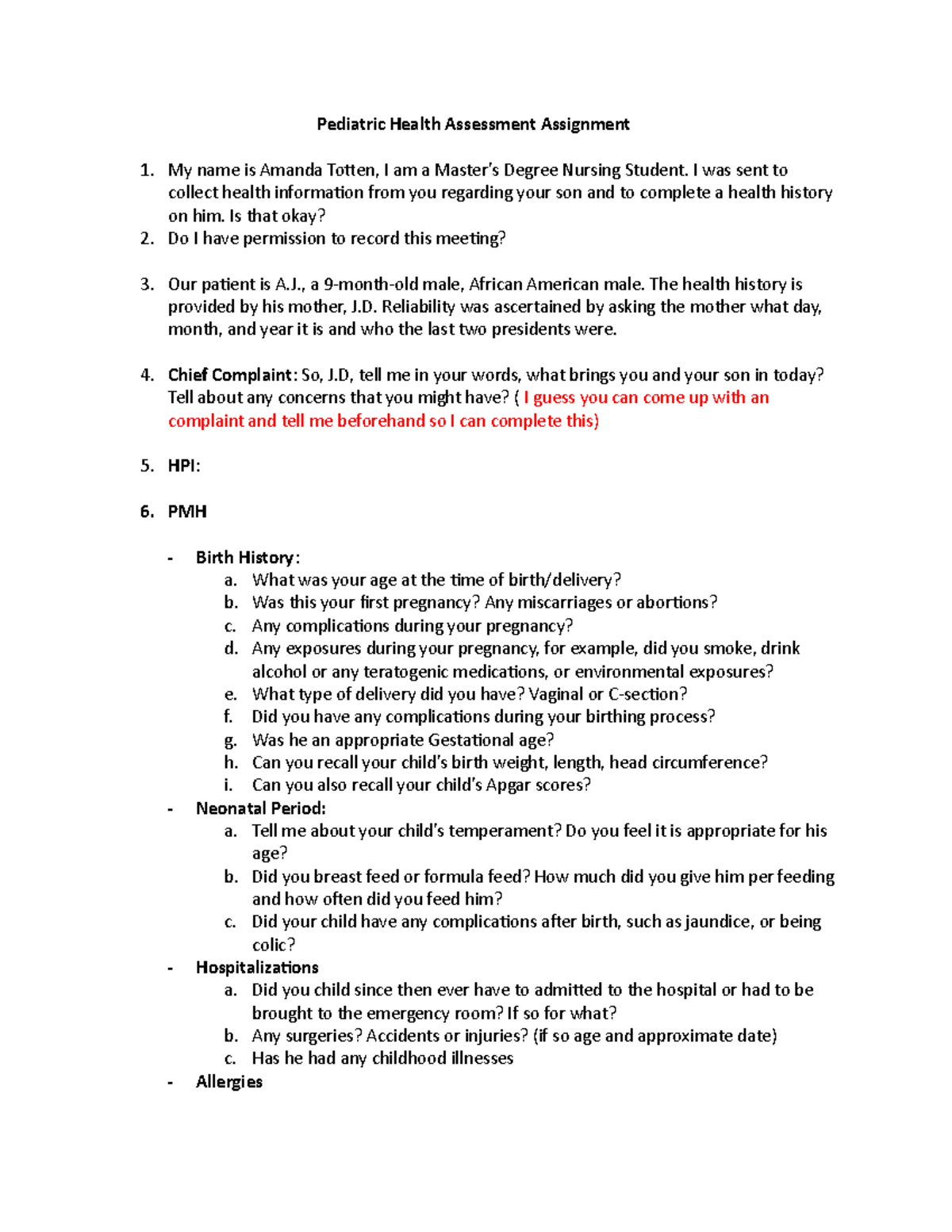 Totten A Pediatric Health Assessment Assignment - Pediatric Health ...