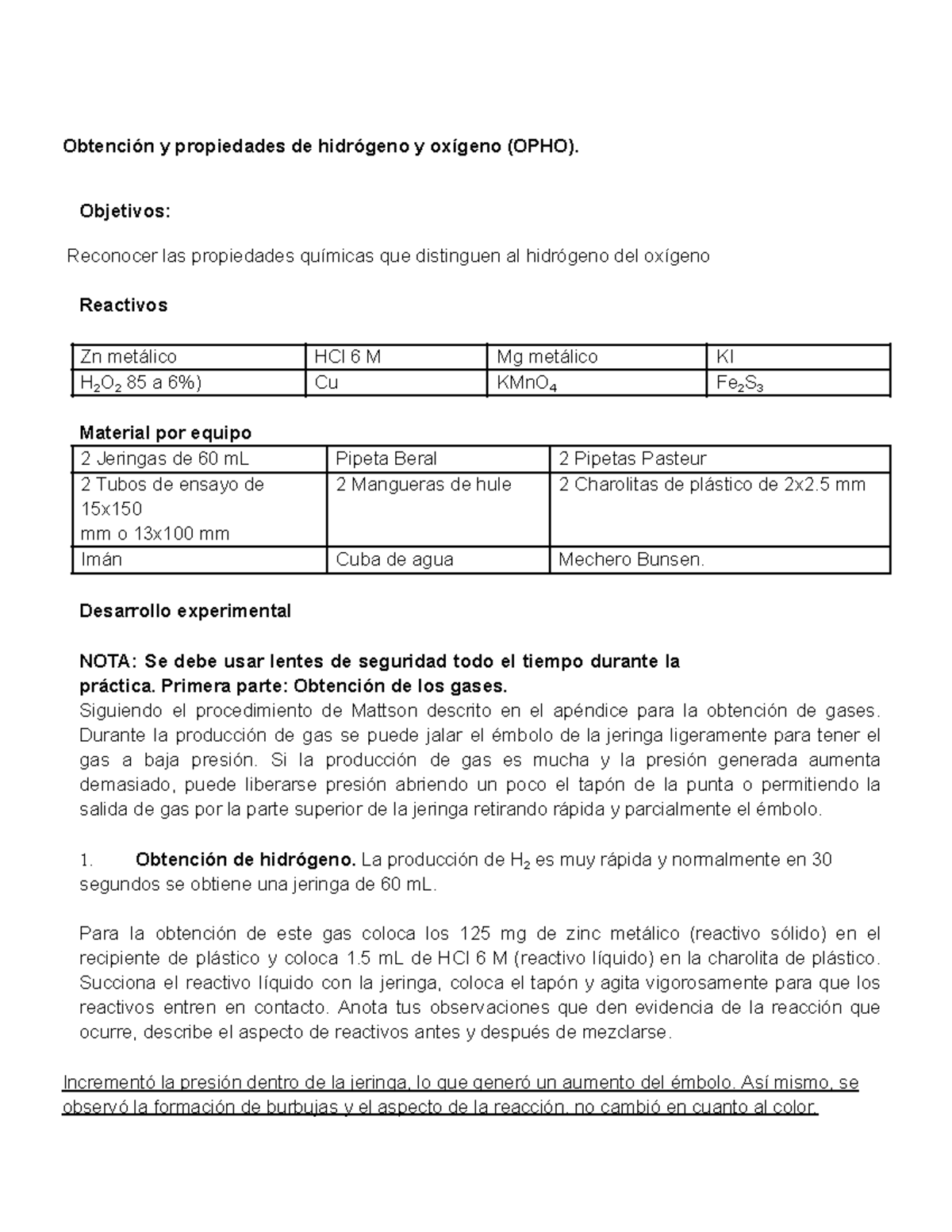 Práctica 8 - Obtención y propiedades de hidrógeno y oxígeno (OPHO ...