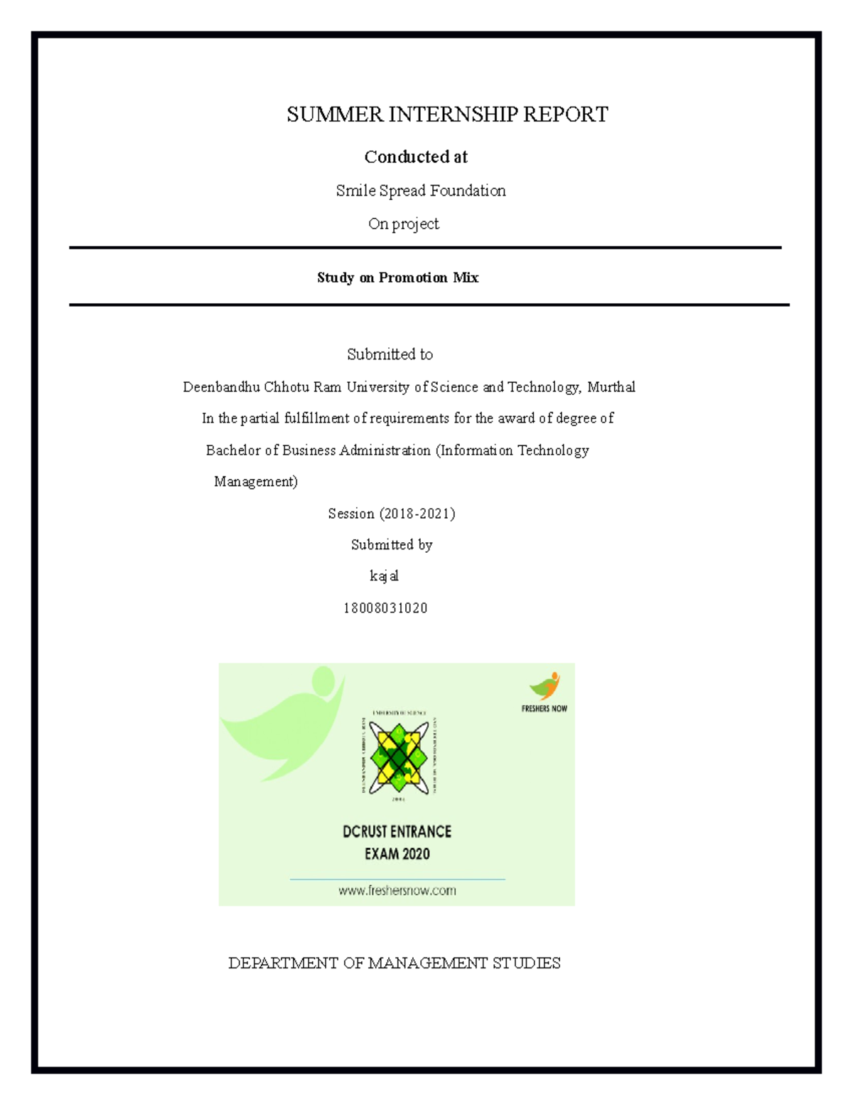 Report (bba - SUMMER INTERNSHIP REPORT Conducted at Smile Spread ...