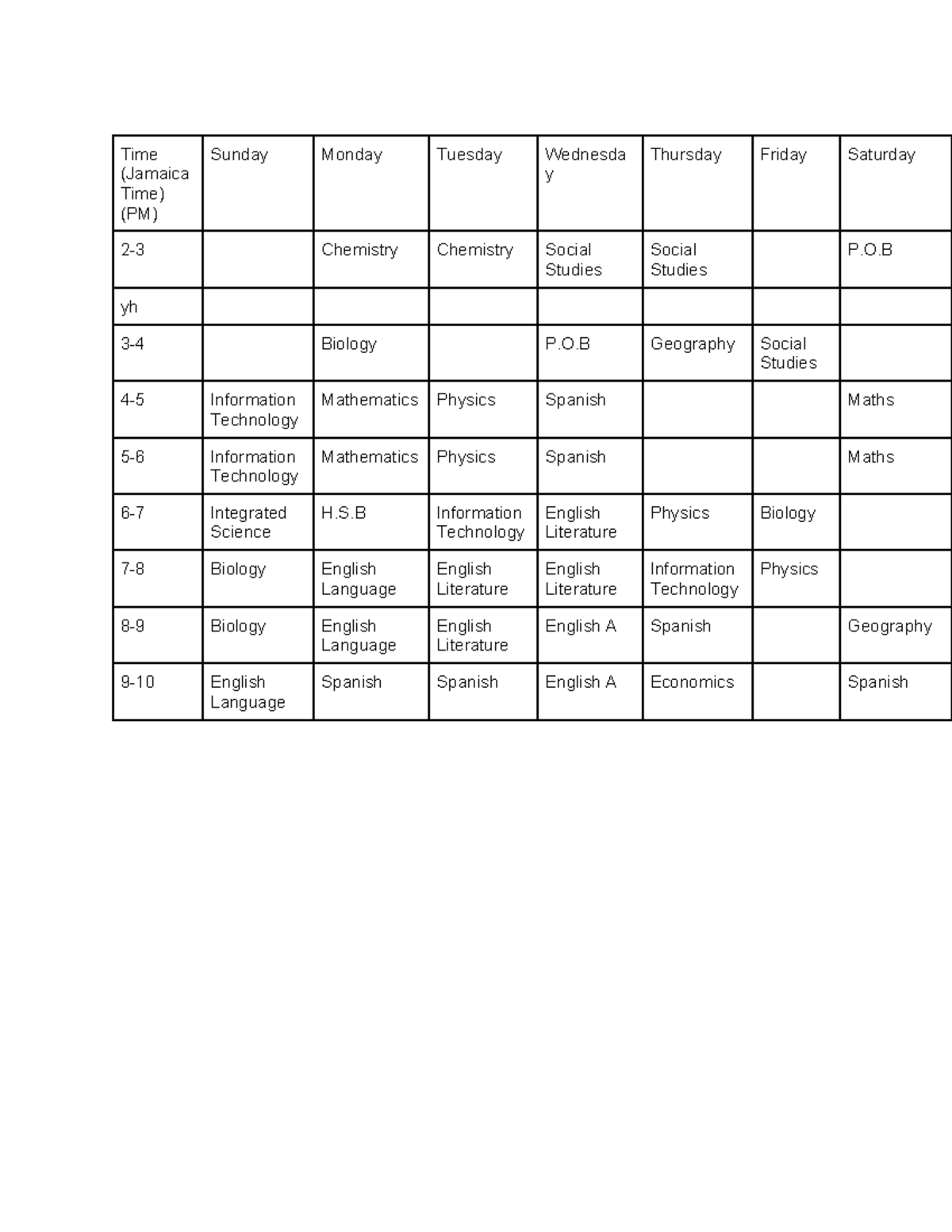 L.T.S CSEC Classes Timetable - Time (Jamaica Time) (PM) Sunday Monday ...