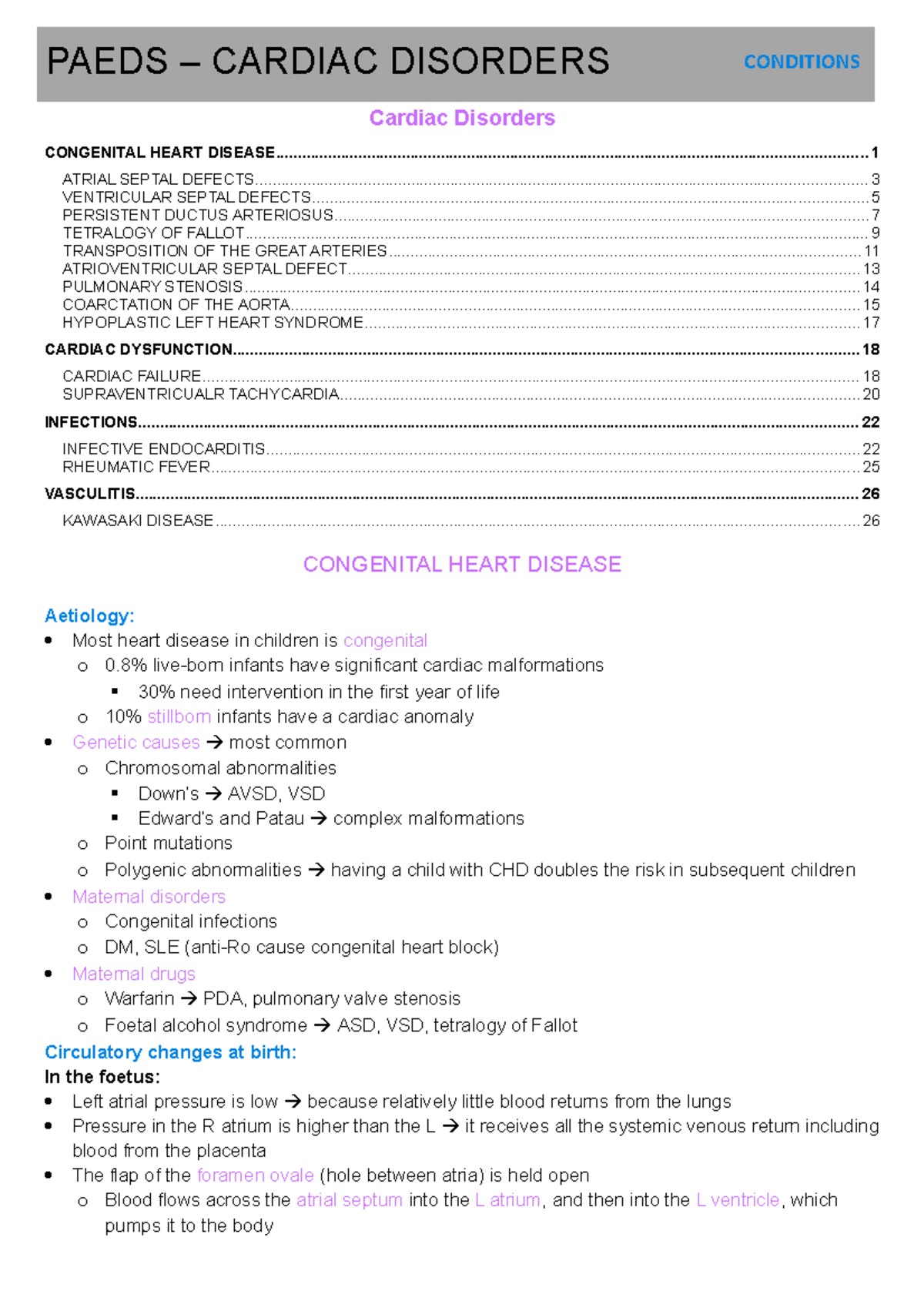 Paediatric Cardiac Disorders - Cardiac Disorders CONGENITAL HEART - Studocu