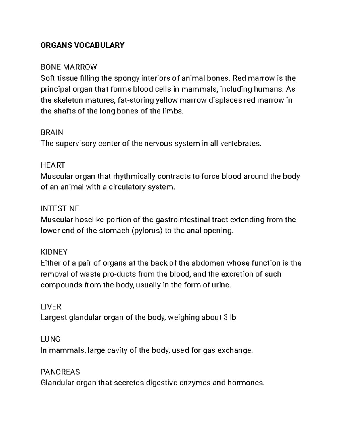 Organs Vocabulary - ORGANS VOCABULARY BONE MARROW Soft tissue filling ...